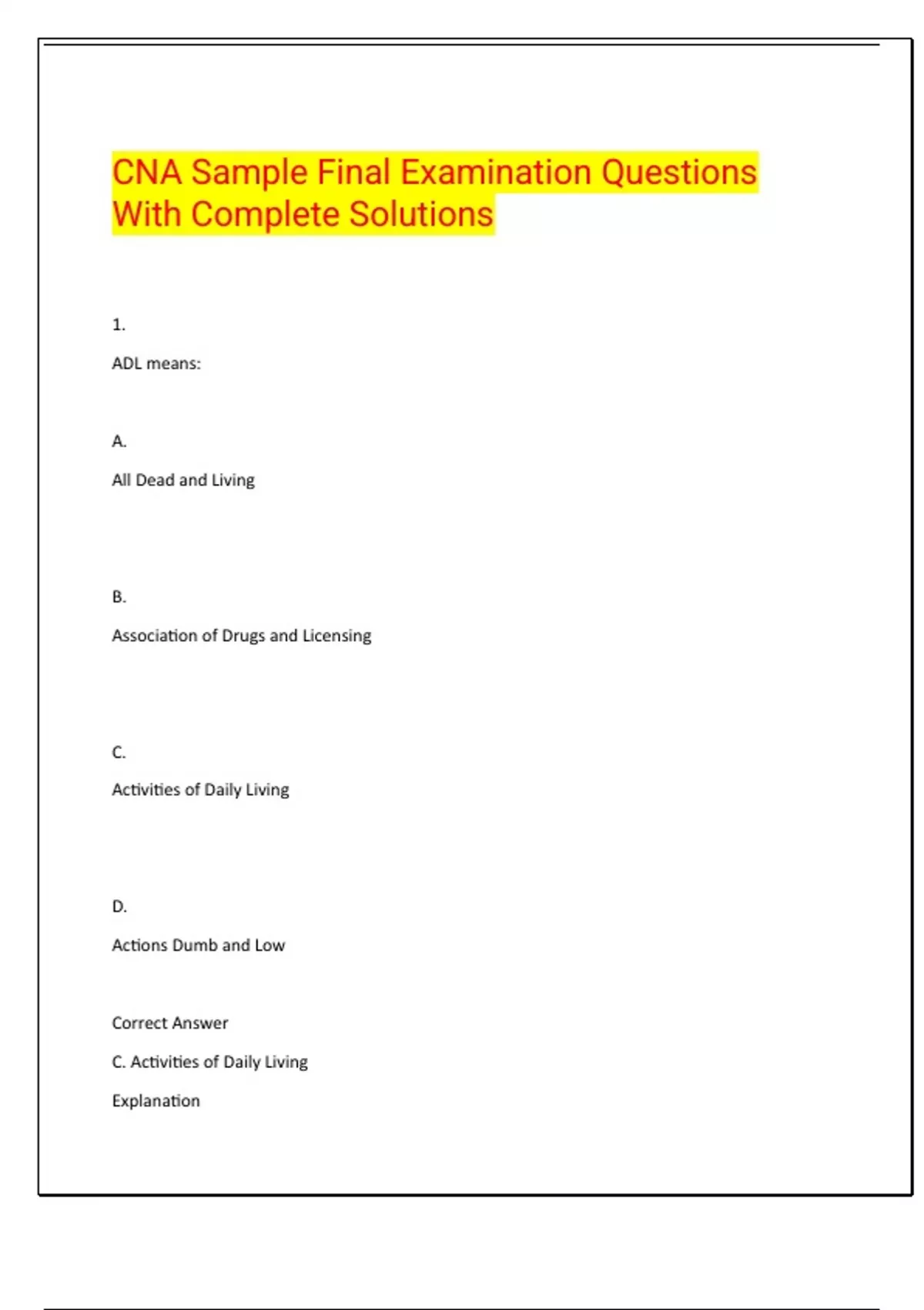 CNA Sample Final Examination Questions With Complete Solutions - Cna ...