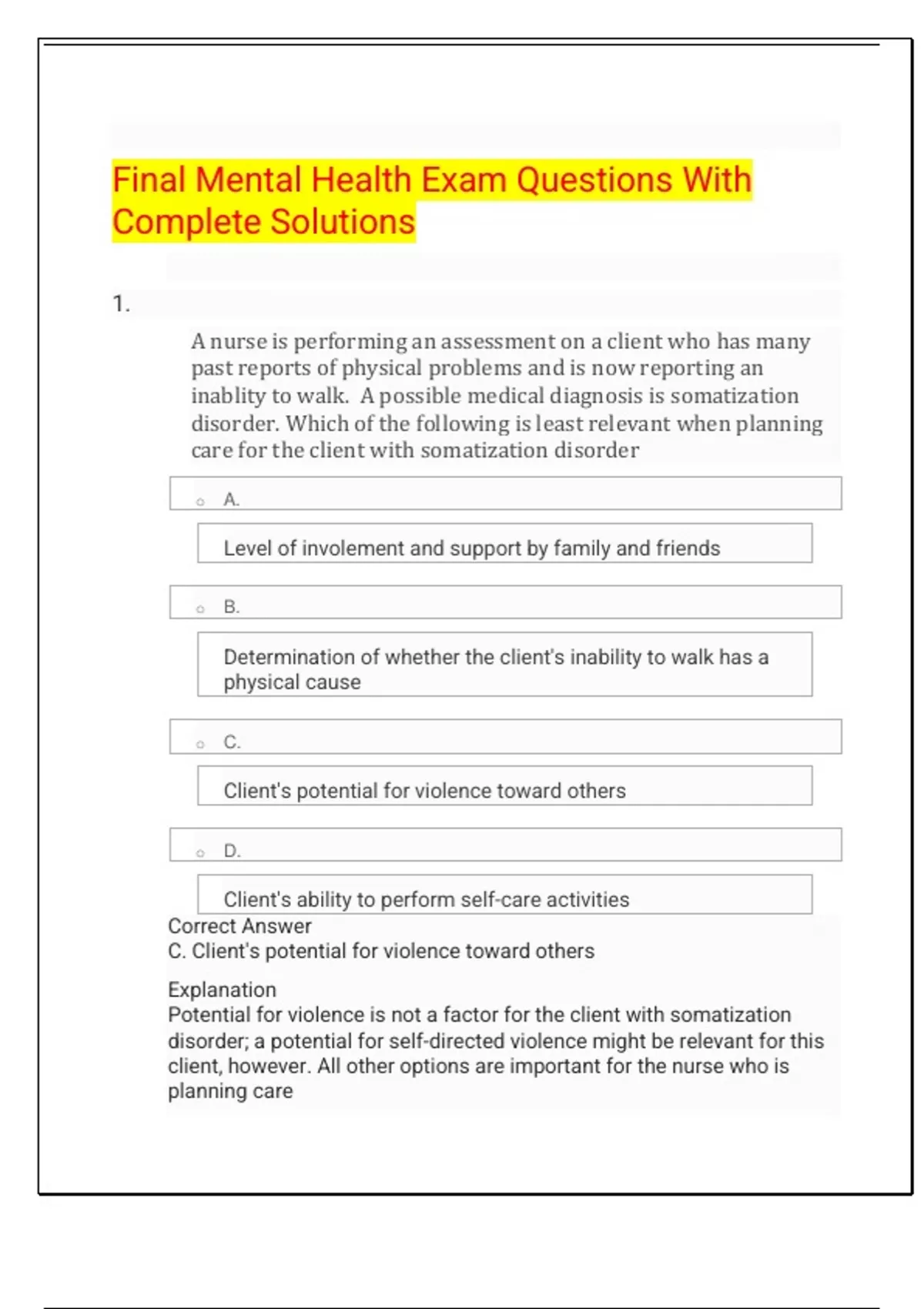 Final Mental Health Exam Questions With Complete Solutions - Mental ...