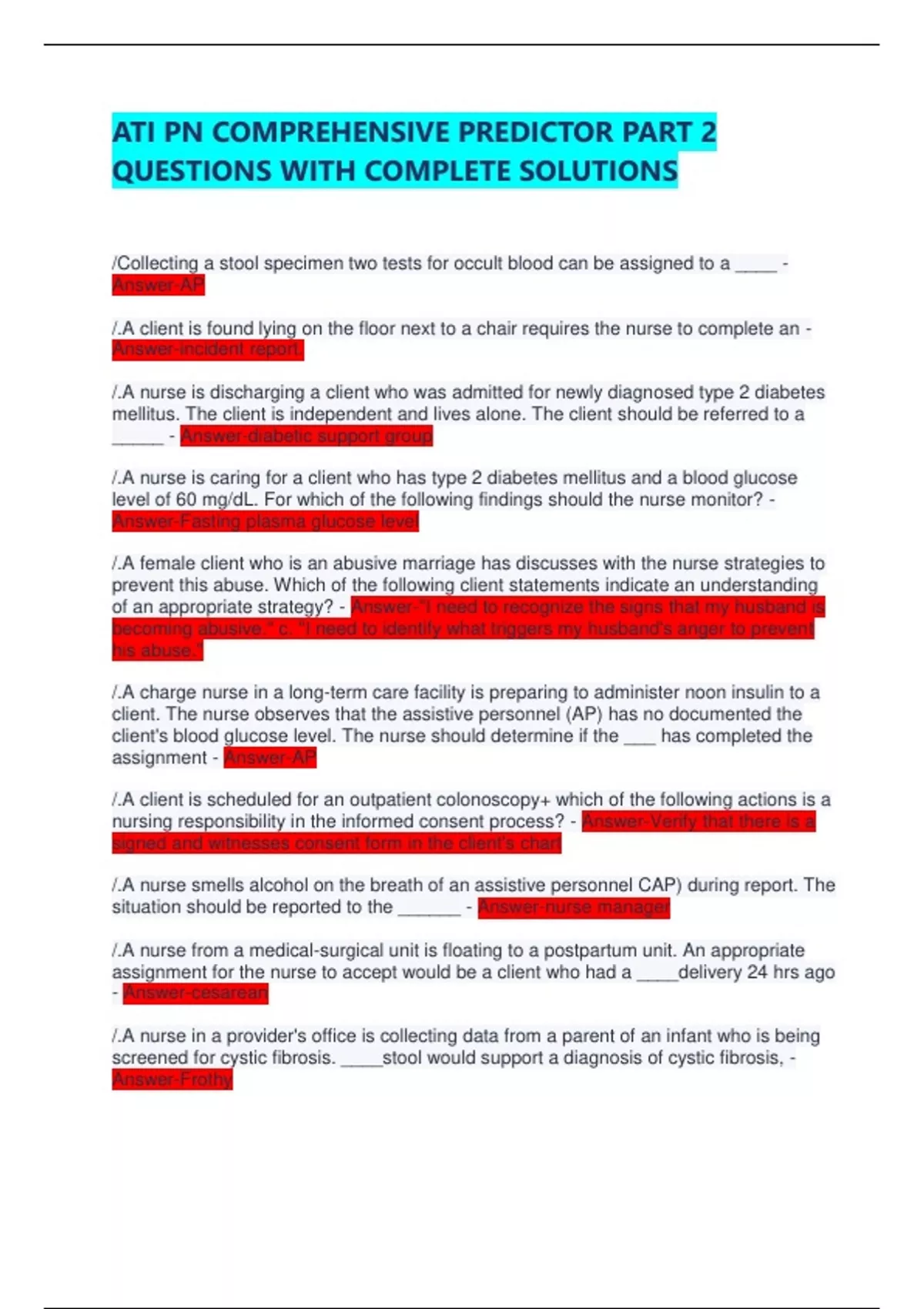 ATI PN COMPREHENSIVE PREDICTOR PART 2 QUESTIONS WITH COMPLETE SOLUTIONS ...