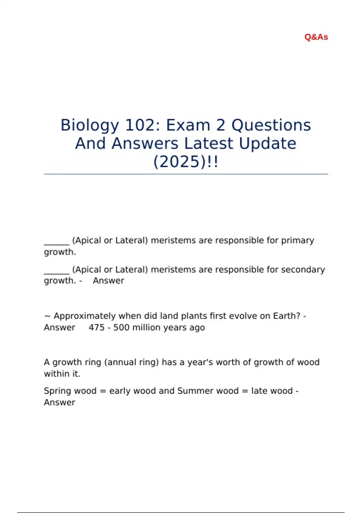 Biology 102 Exam 2 Questions And Answers Latest Update (2025)!! - BIOL ...