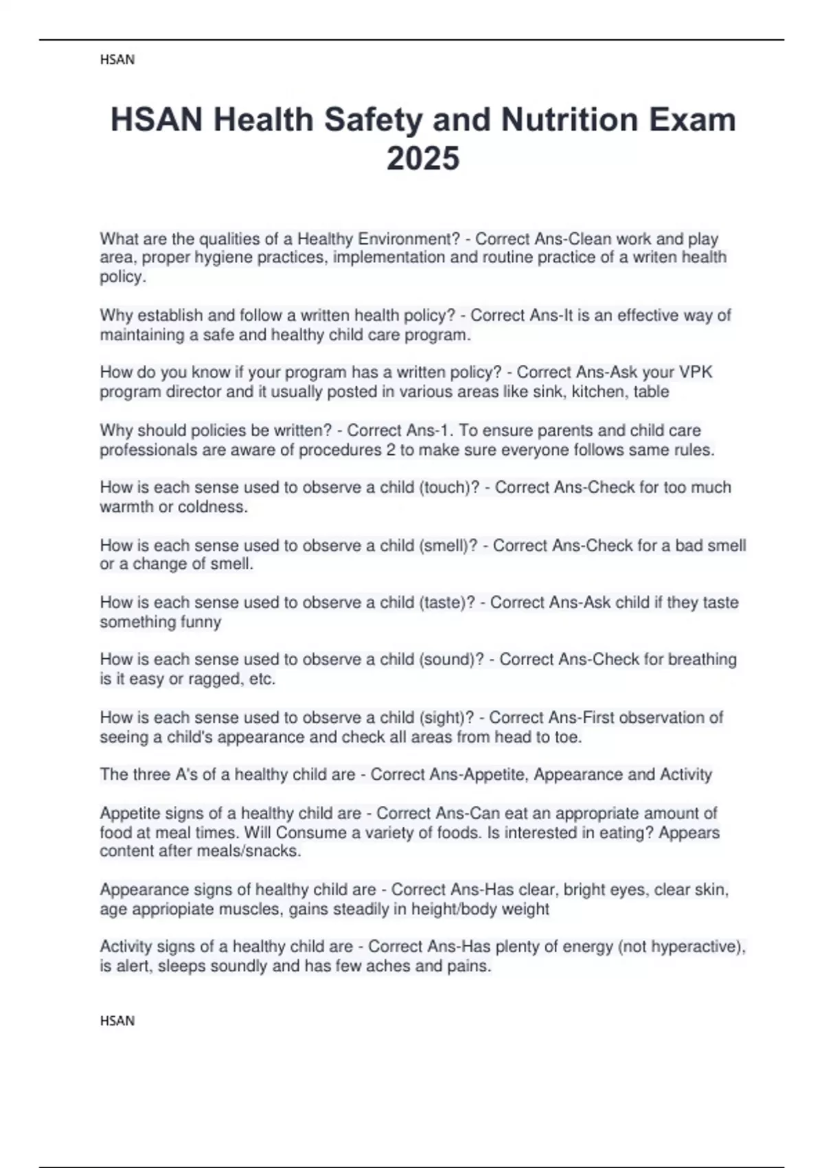 HSAN Health Safety and Nutrition Exam 2025 - HSAN Health Safety and ...