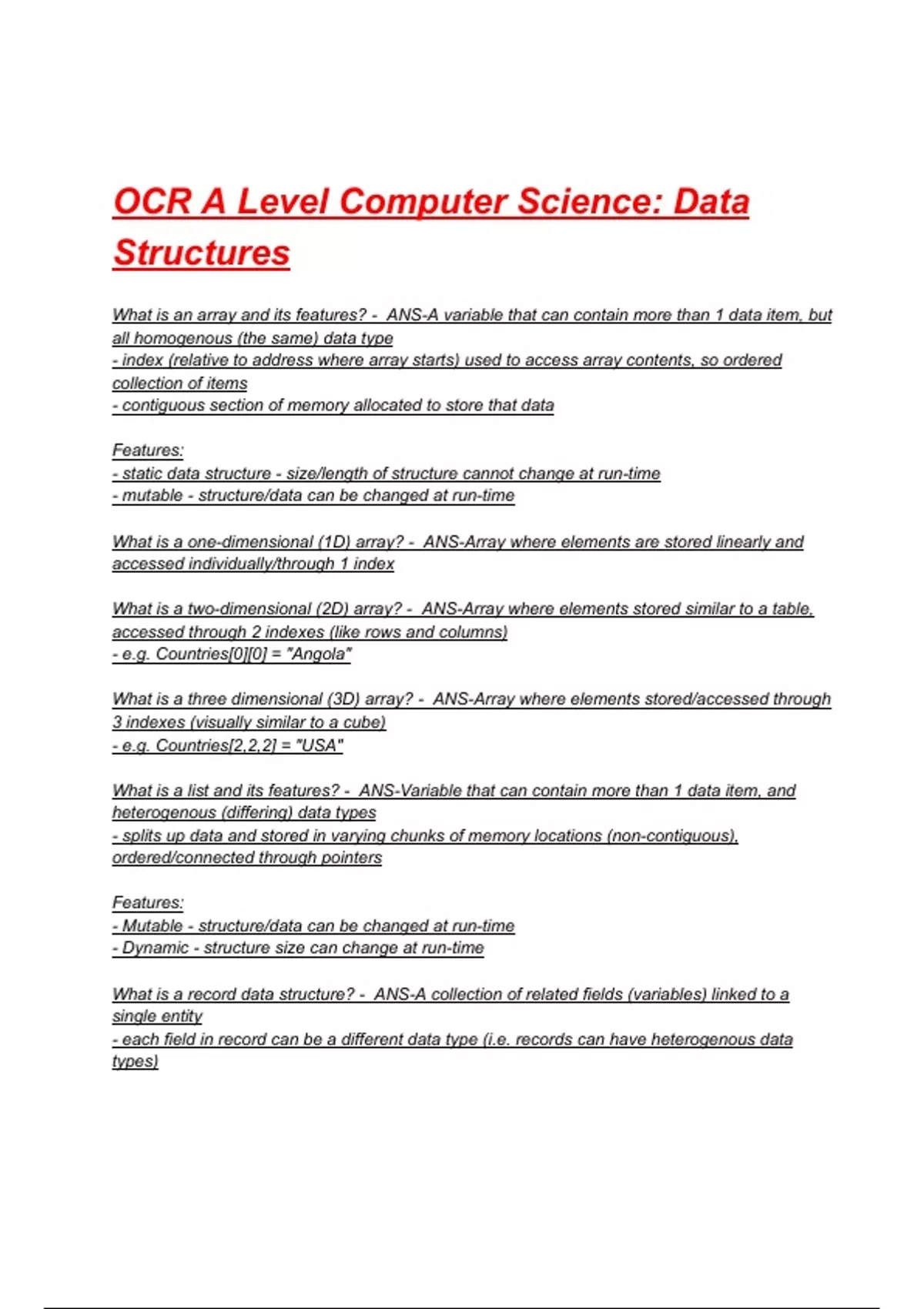 OCR A Level Computer Science: Data Structures Exam Questions and Answers 2025/2026( A+ GRADED ...