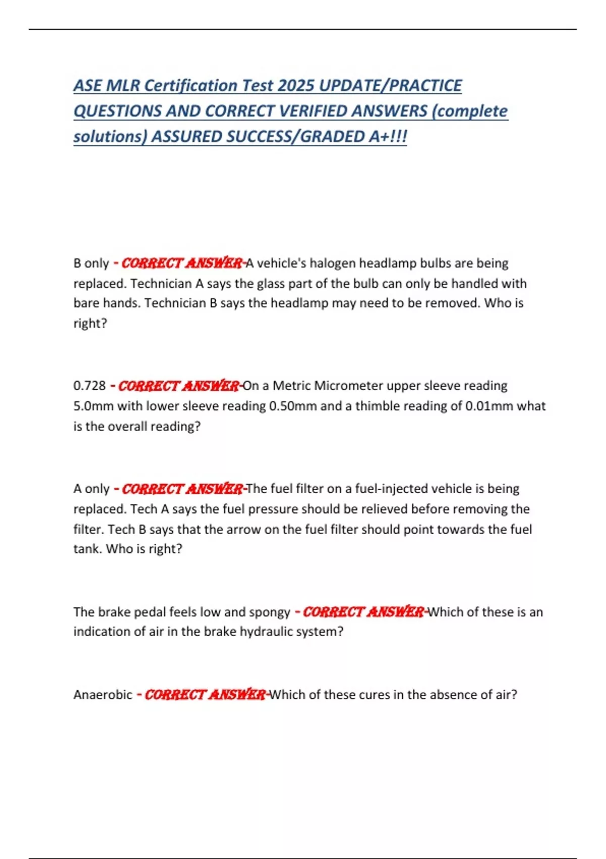 ASE MLR Certification Test 2025 UPDATE/PRACTICE QUESTIONS AND CORRECT ...