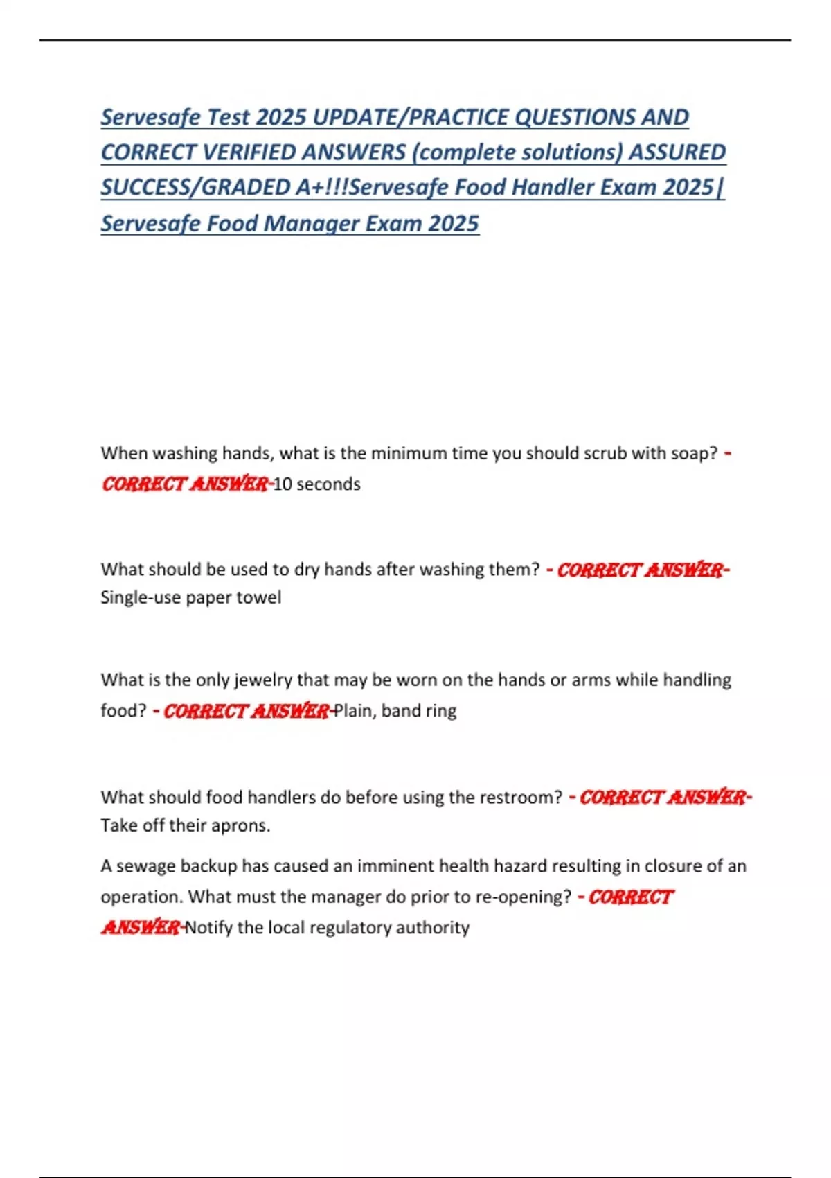 Servesafe Test 2025 UPDATE/PRACTICE QUESTIONS AND CORRECT VERIFIED ...
