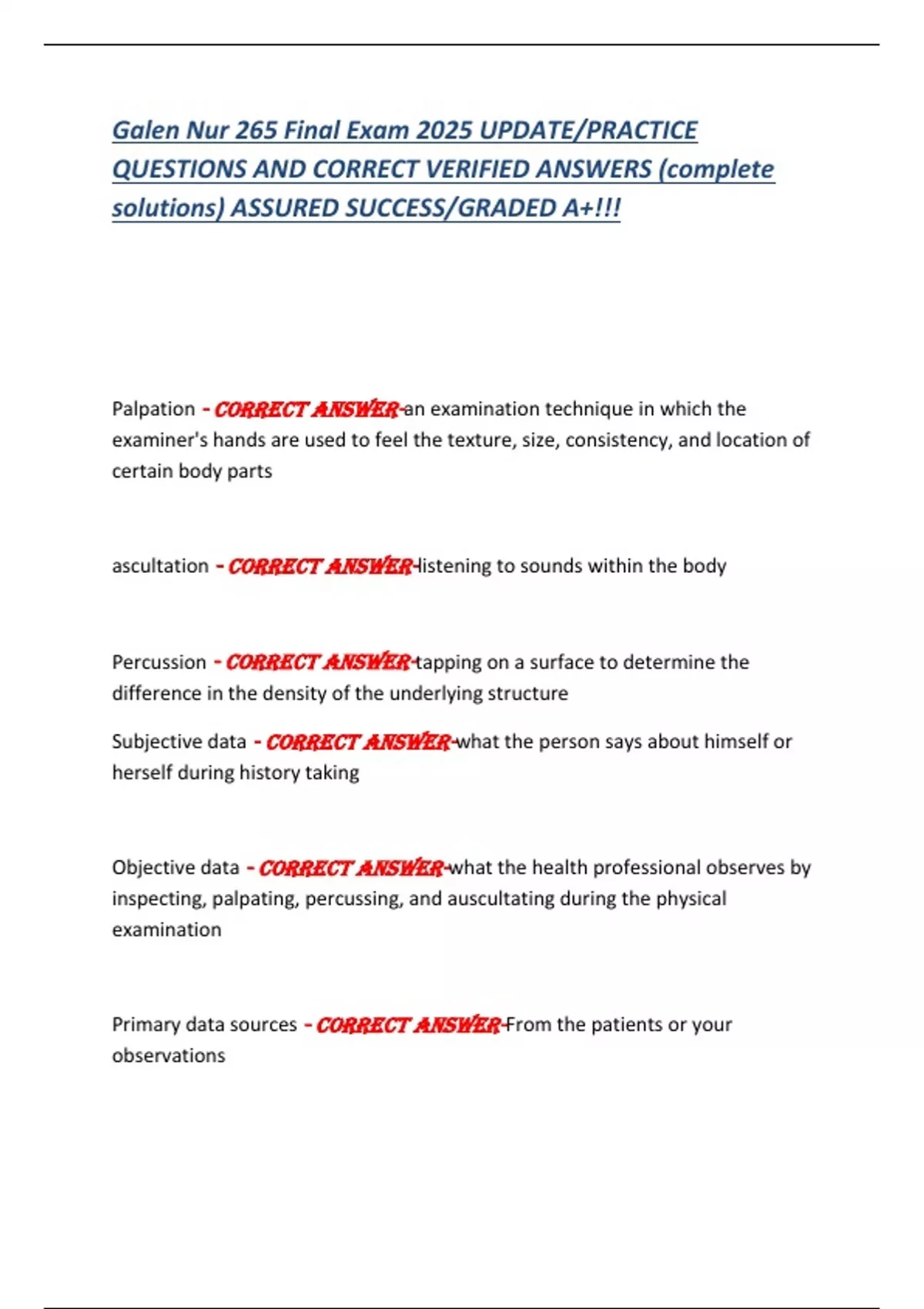 Galen Nur 265 Final Exam 2025 UPDATE/PRACTICE QUESTIONS AND CORRECT ...