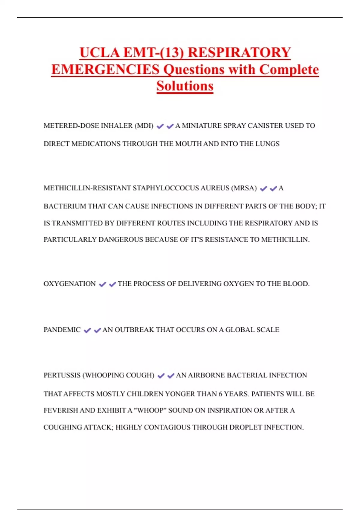 UCLA EMT-(13) RESPIRATORY EMERGENCIES Questions with Complete Solutions ...