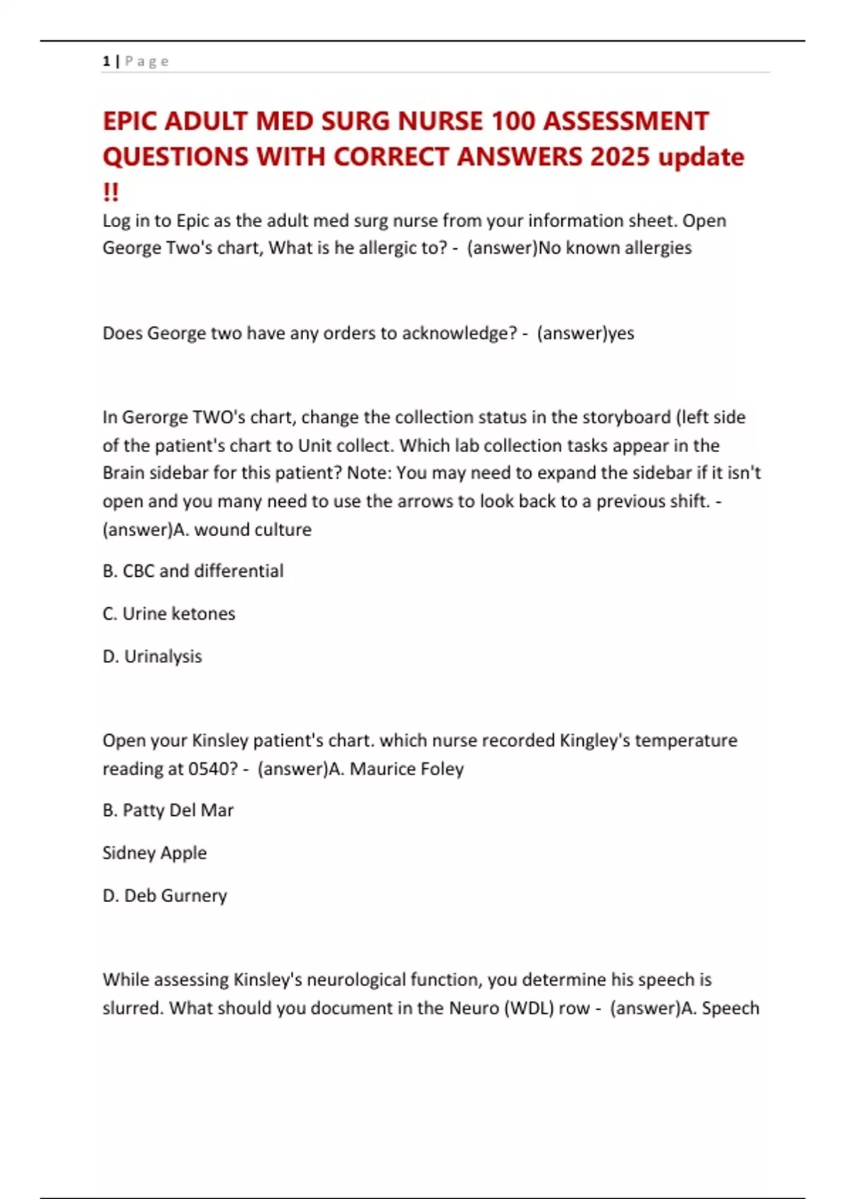 EPIC ADULT MED SURG NURSE 100 ASSESSMENT QUESTIONS WITH CORRECT ANSWERS ...