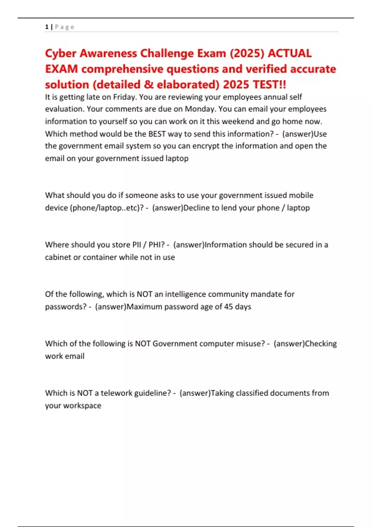 Cyber Awareness Challenge Exam (2025) ACTUAL EXAM comprehensive ...