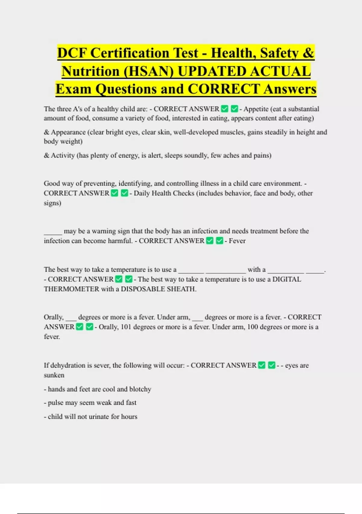Dcf Certification Test Health Safety And Nutrition Hsan Updated Actual Exam Questions And