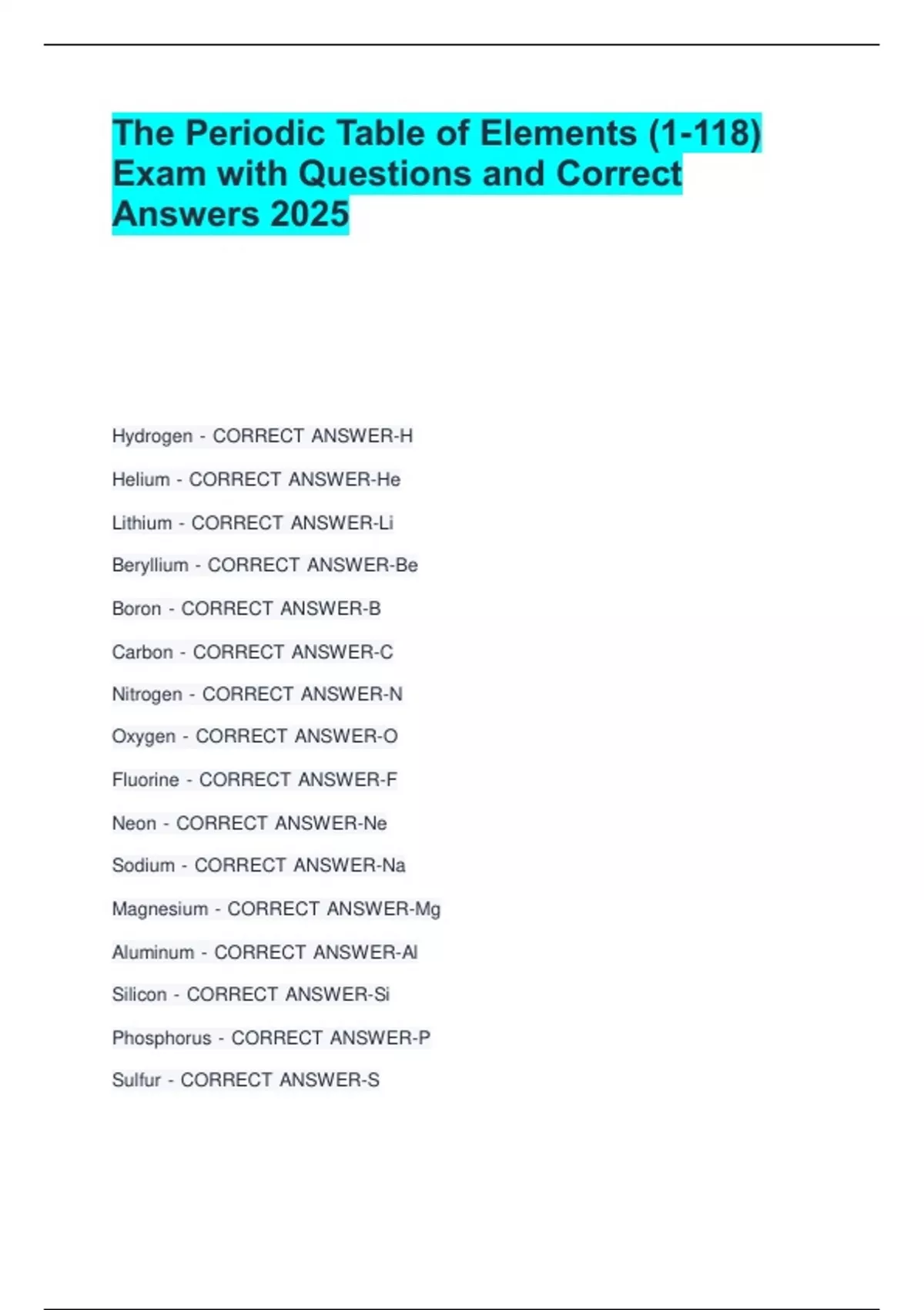 The Periodic Table of Elements (1-118) Exam with Questions and Correct ...