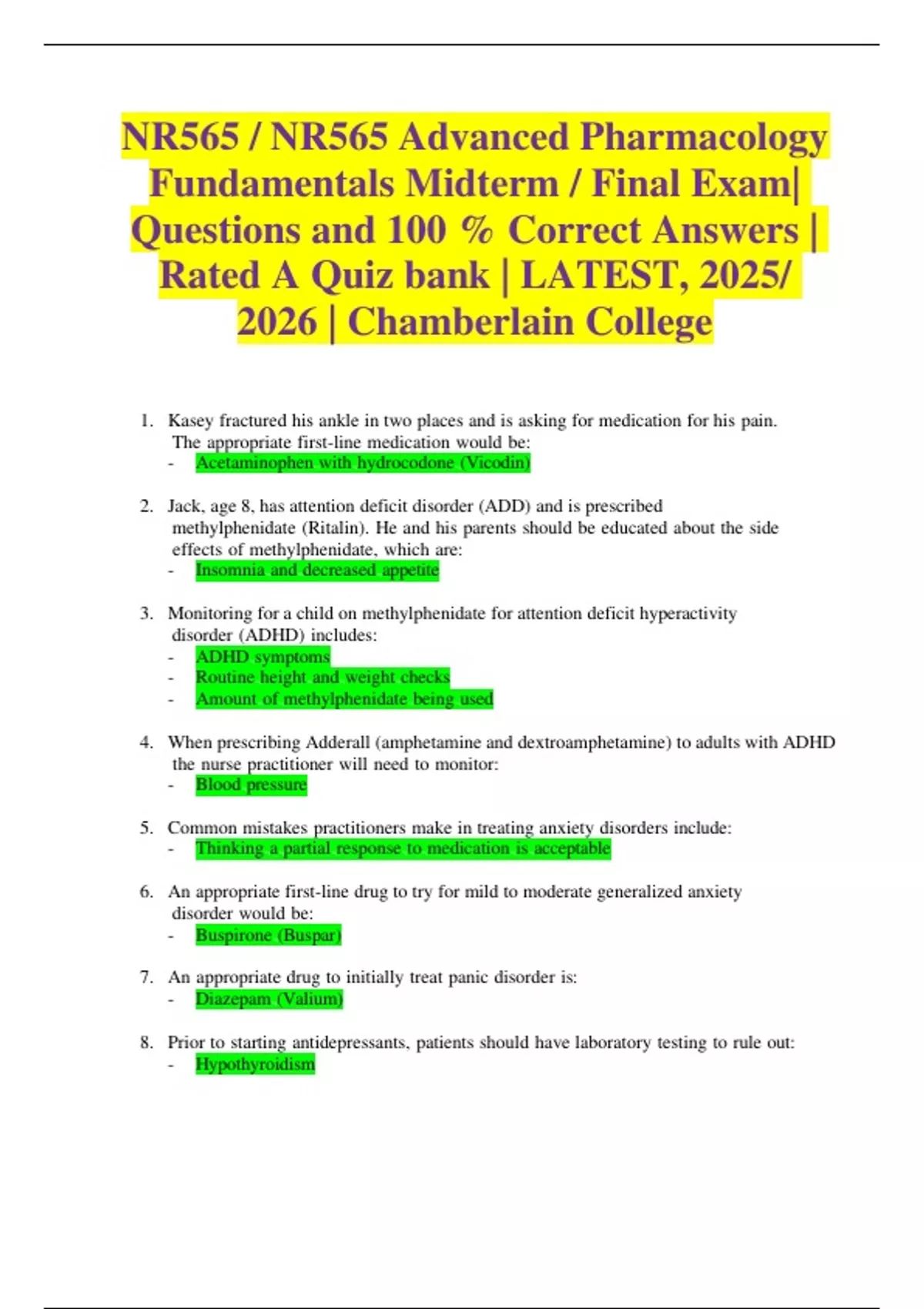 NR565 / NR565 Advanced Pharmacology Fundamentals Midterm / Final Exam ...
