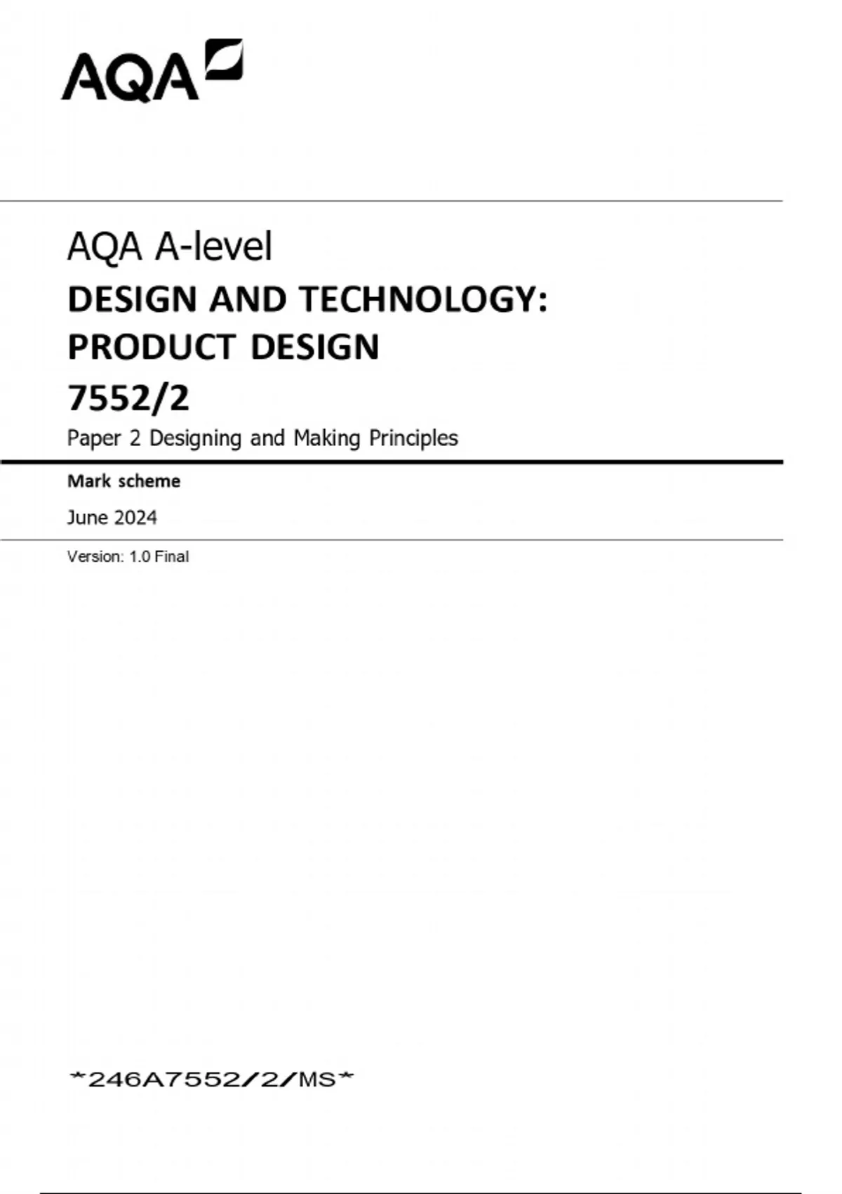 AQA A-level DESIGN AND TECHNOLOGY: PRODUCT DESIGN 7552/2 Paper 2 ...