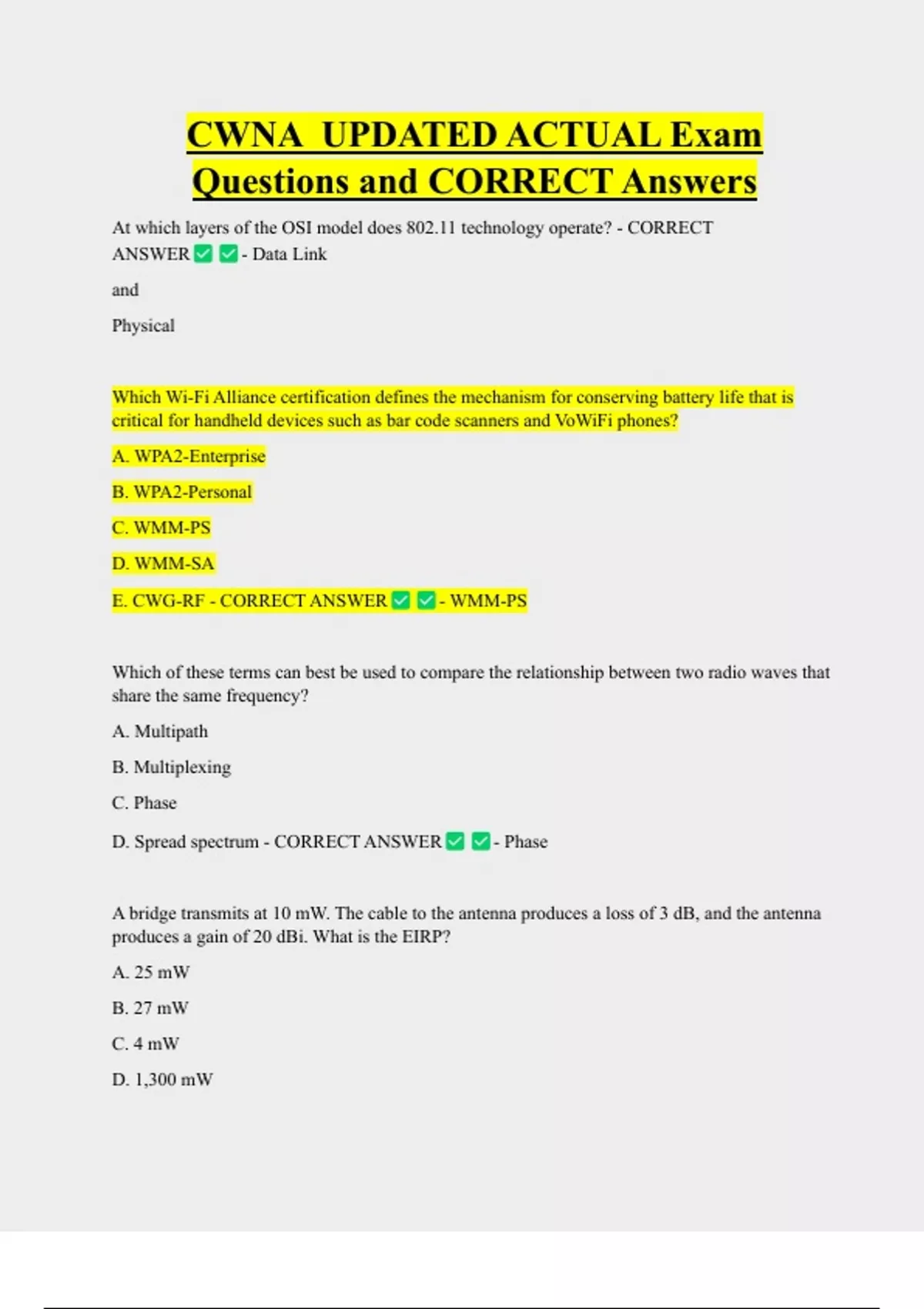 CWNA UPDATED ACTUAL Exam Questions and CORRECT Answers - CWNA ...
