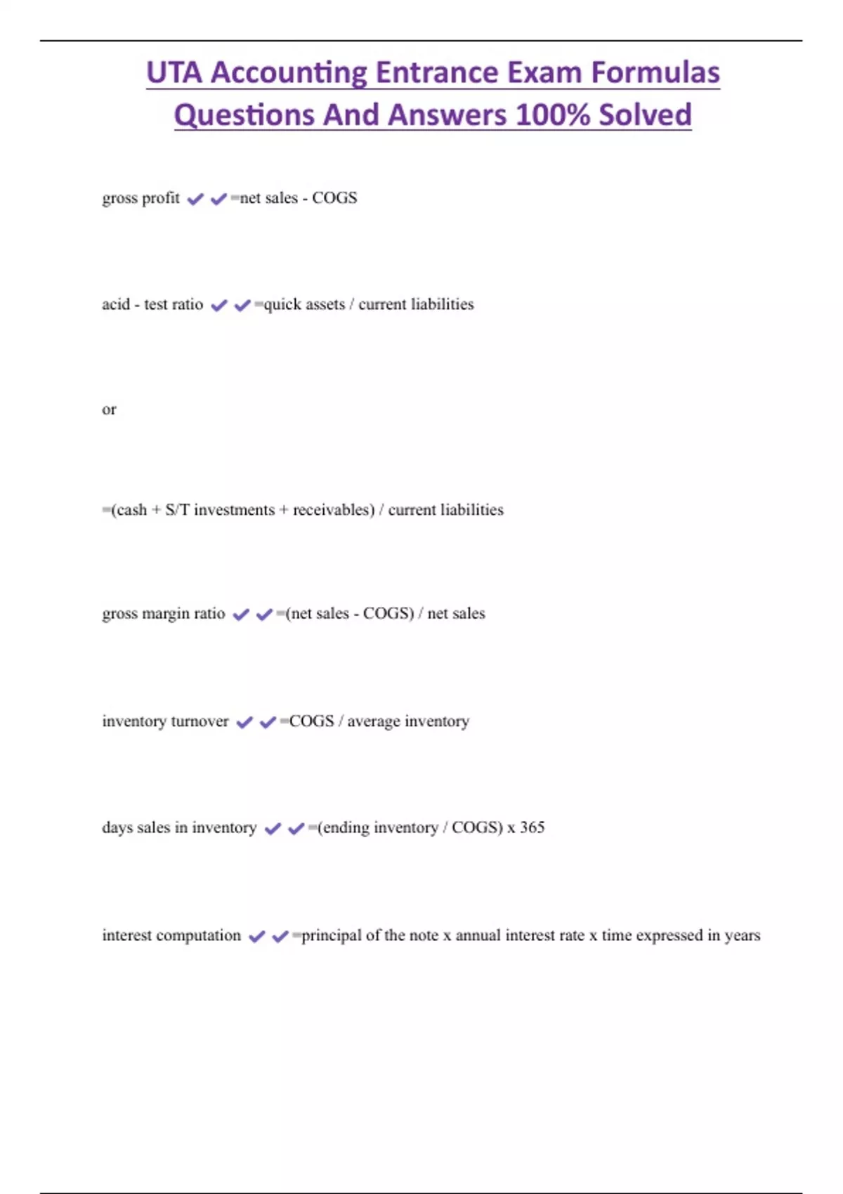 UTA Accounting Entrance Exam Formulas Questions And Answers 100% Solved ...
