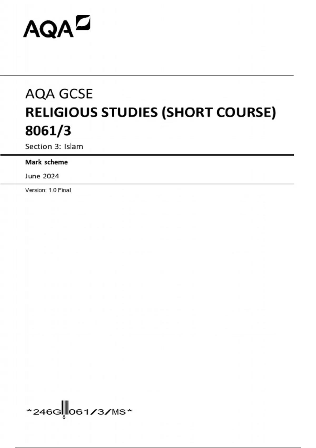 AQA GCSE RELIGIOUS STUDIES (SHORT COURSE) 8061/3 Section 3: Islam Mark ...