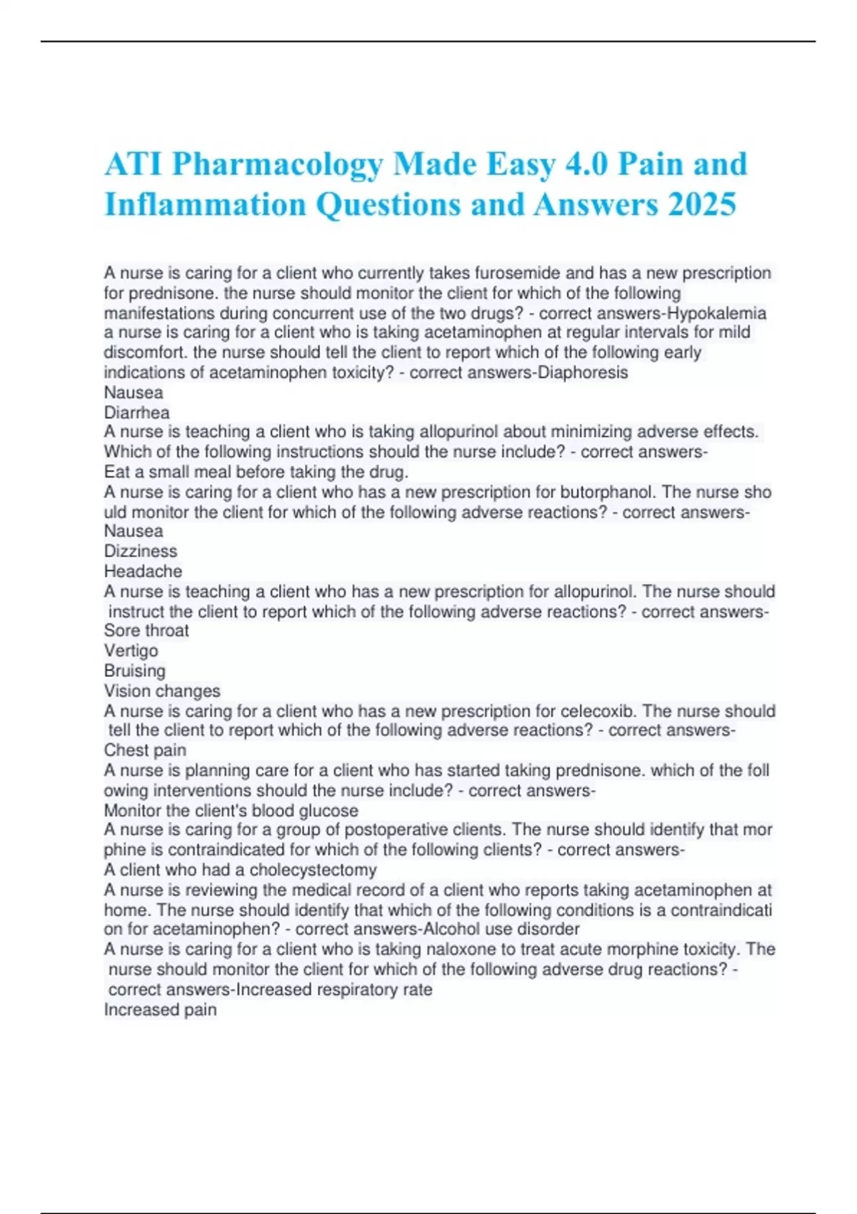 ATI Pharmacology Made Easy 4.0 Pain and Inflammation Questions and ...