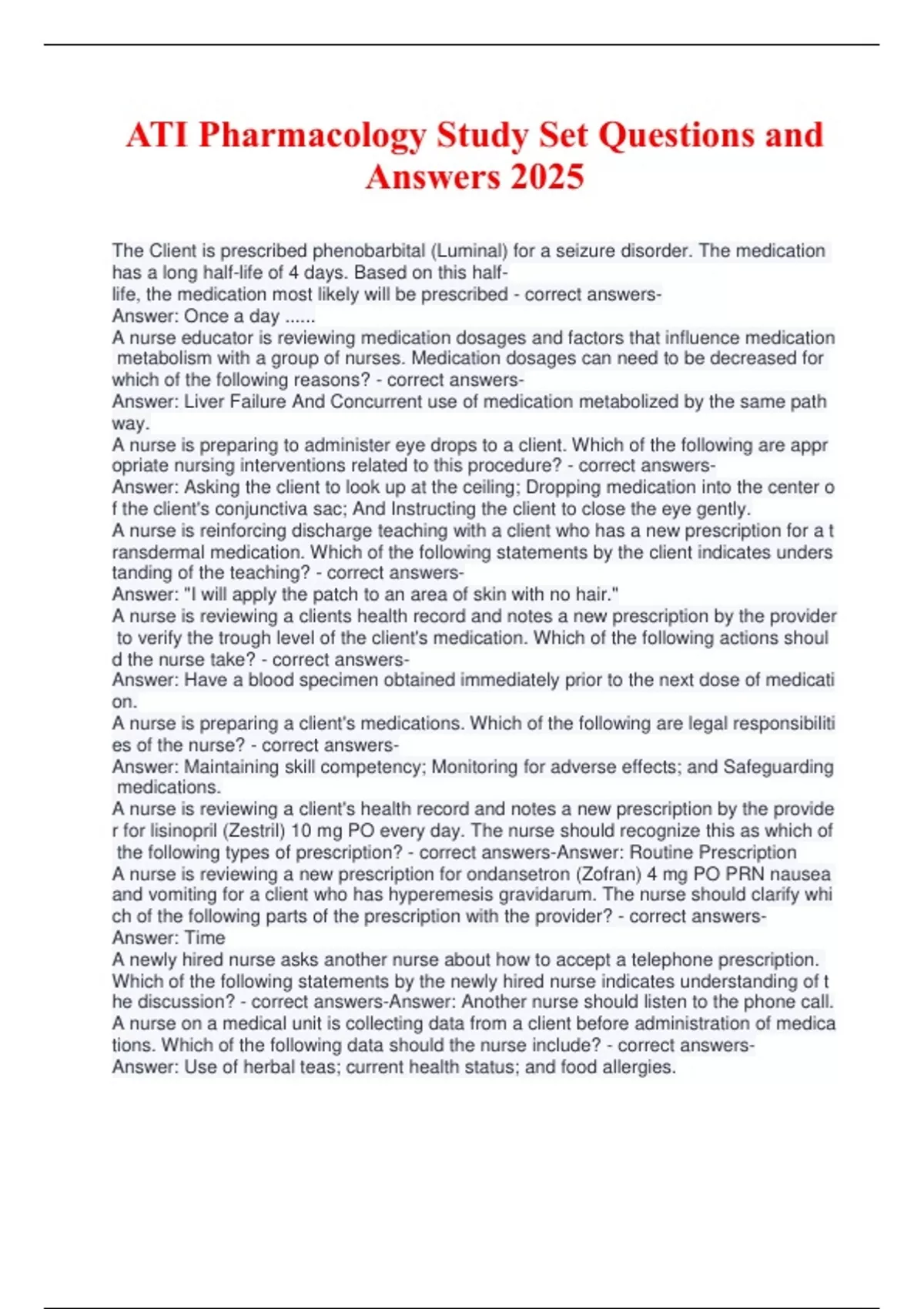 ATI Pharmacology Study Set Questions and Answers 2025 - ATI ...