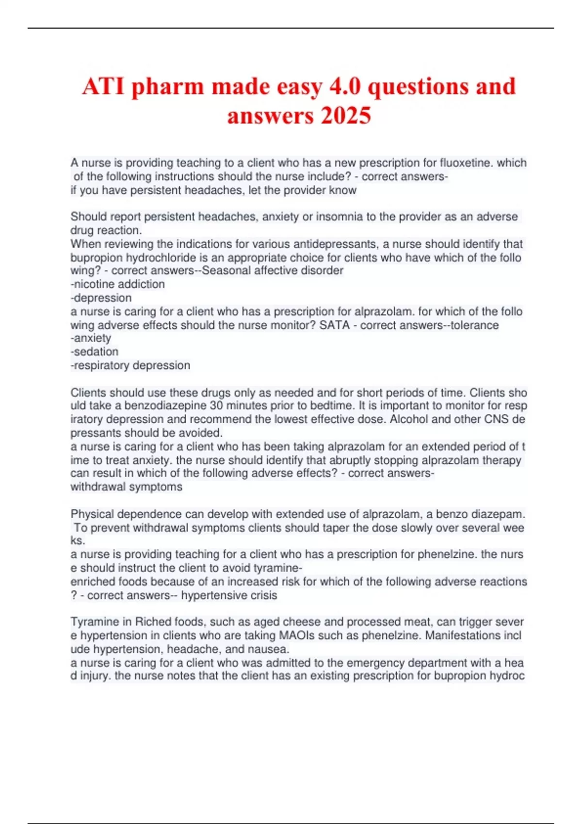 ATI pharm made easy 4.0 questions and answers 2025 - ATI PHARMACOLOGY ...