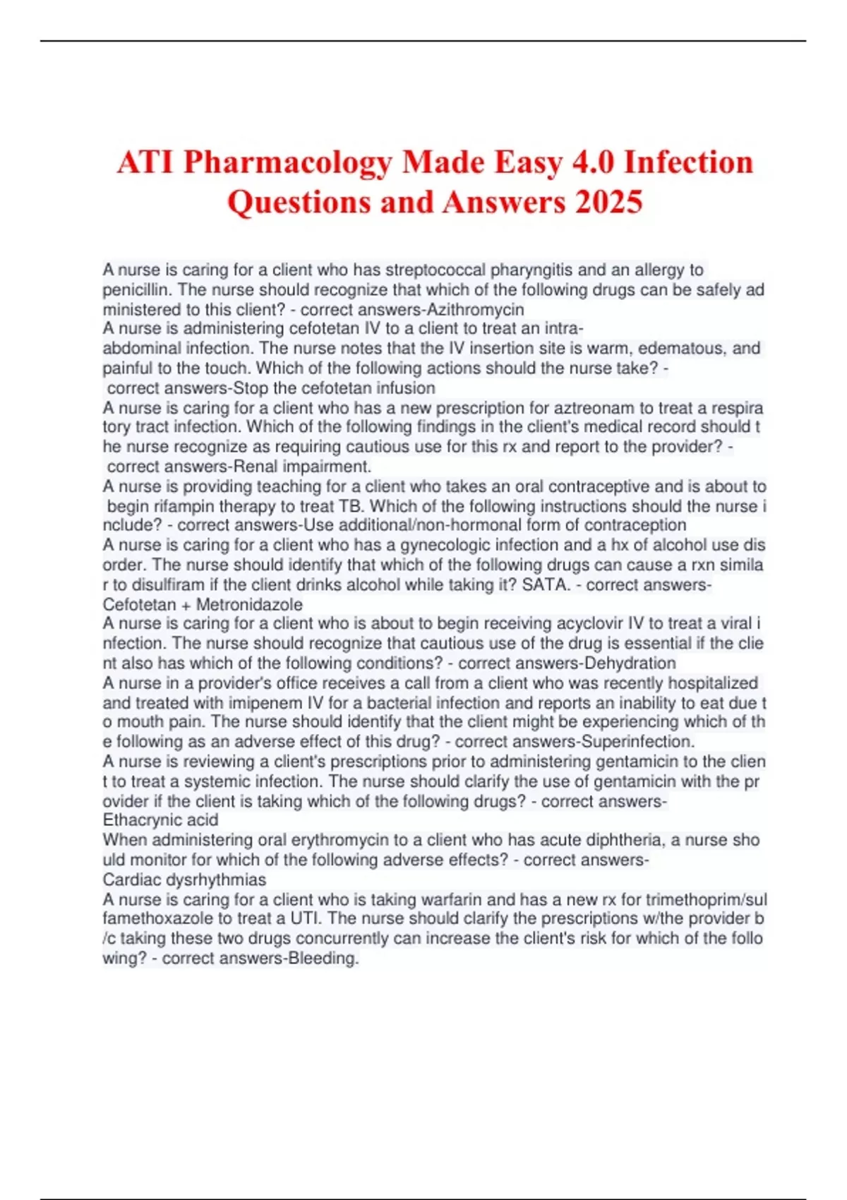 ATI Pharmacology Made Easy 4.0 Infection Questions and Answers 2025 ...