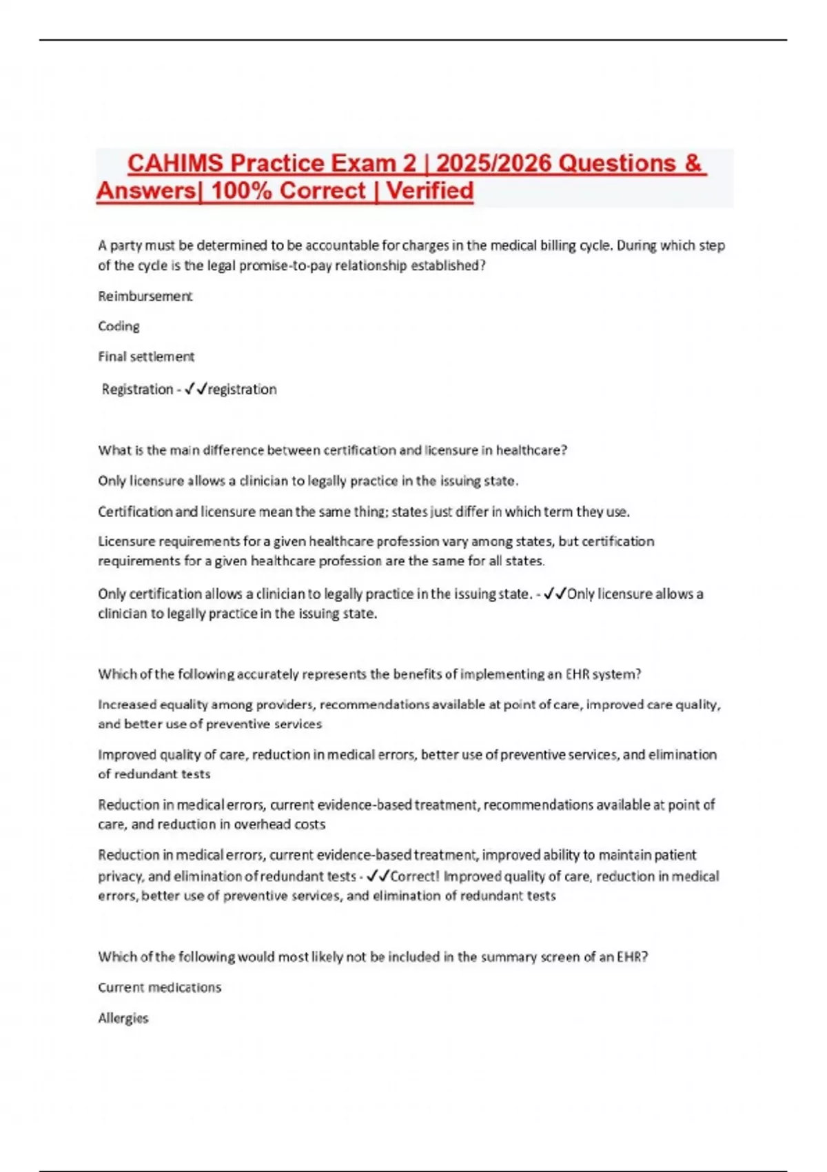 CAHIMS Practice Exam 2 | 2025/2026 Questions & Answers| 100% Correct ...