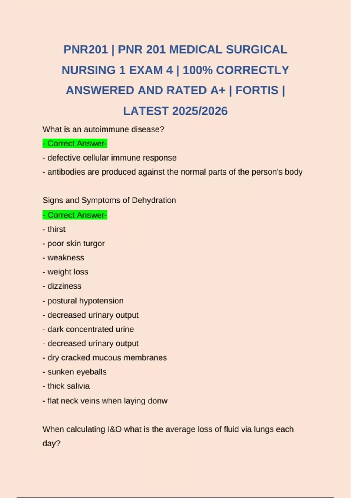 PNR201 | PNR 201 EXAM 4 | MEDICAL SURGICAL NURSING 1 EXAM 4 | 100% ...