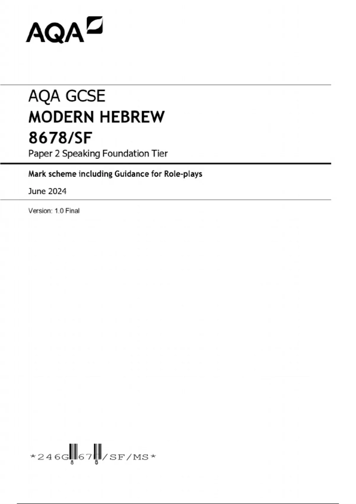 AQA GCSE MODERN HEBREW 8678/SF Paper 2 Speaking Foundation Tier Mark ...