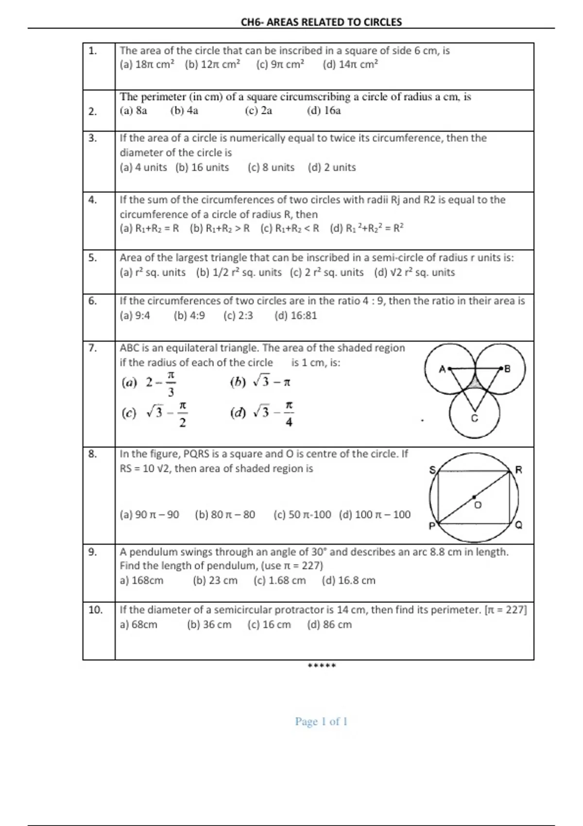 AREAS RELATED TO CIRCLES PRACTICE-MCQ - Mathematics - Stuvia US