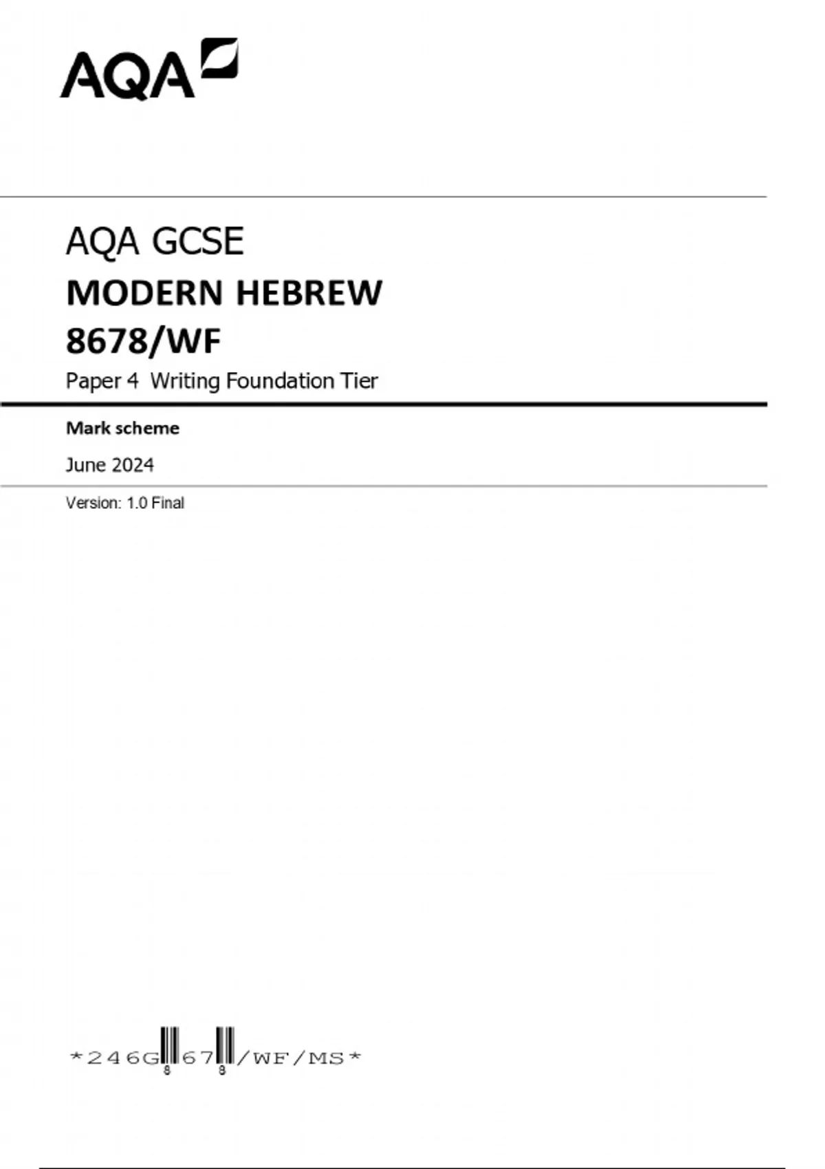 AQA GCSE MODERN HEBREW 8678/WF Paper 4 Writing Foundation Tier Mark ...