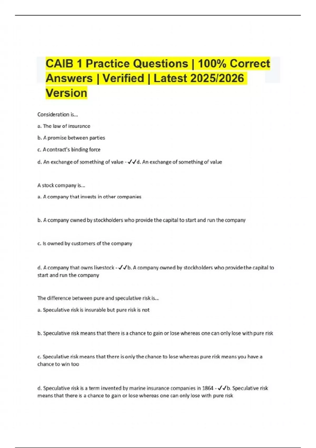 CAIB 1 Practice Questions | 100% Correct Answers | Verified | Latest ...