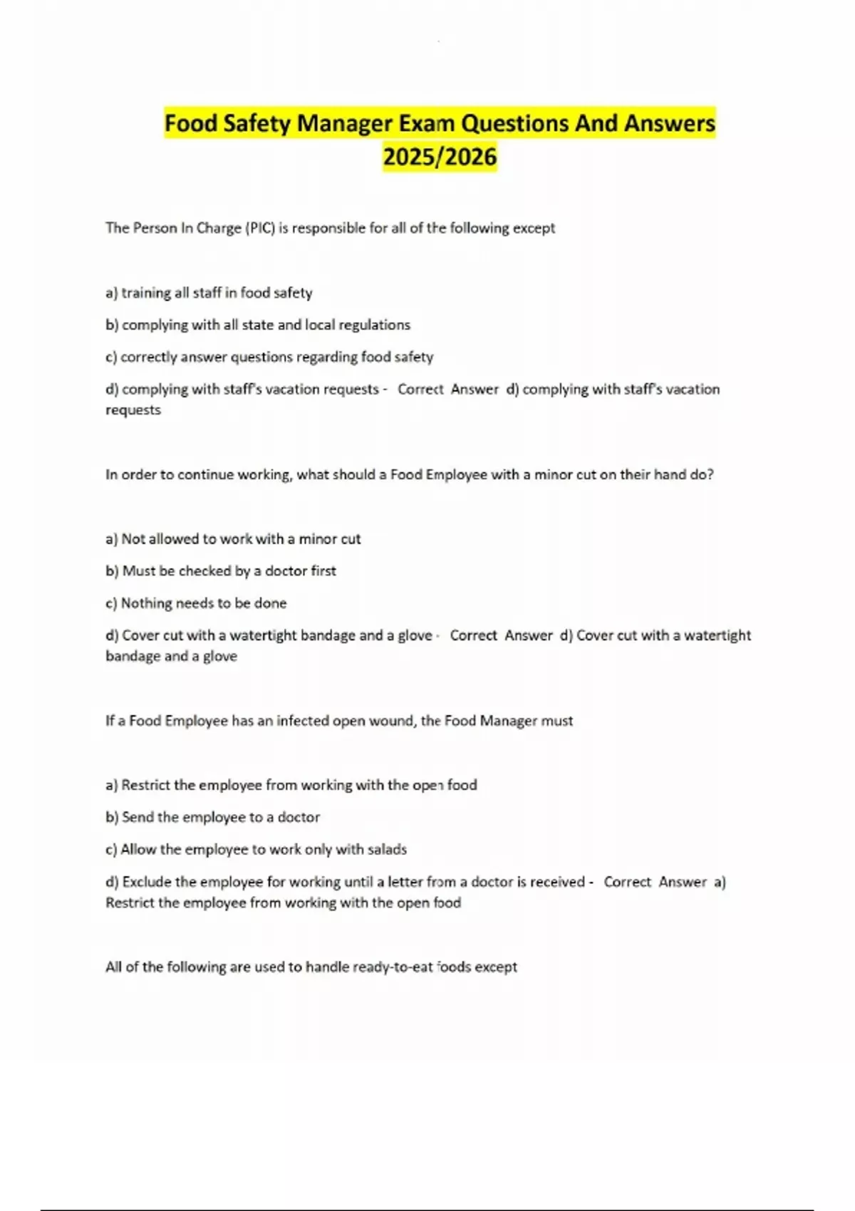 Food Safety Manager Exam Questions And Answers 2025/2026 - Food Manager ...