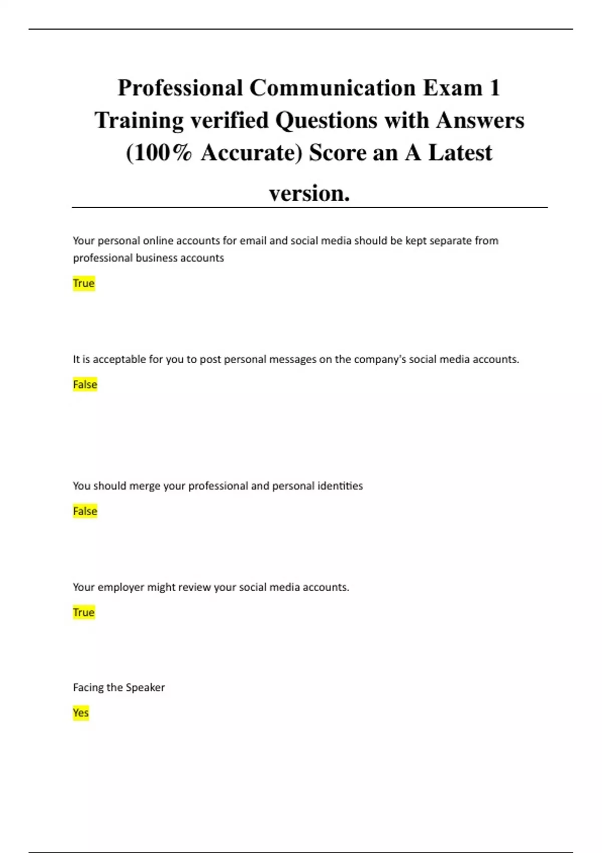 Professional Communication Exam 1 Training verified Questions with ...
