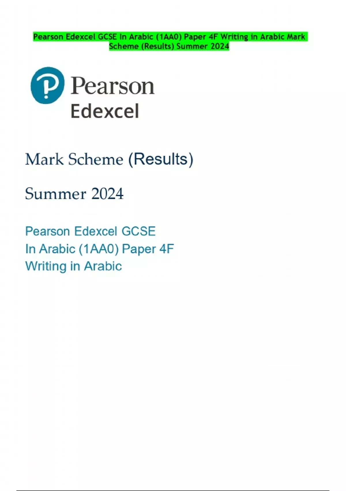 Pearson Edexcel GCSE In Arabic (1AA0) Paper 4F Writing in Arabic Mark ...