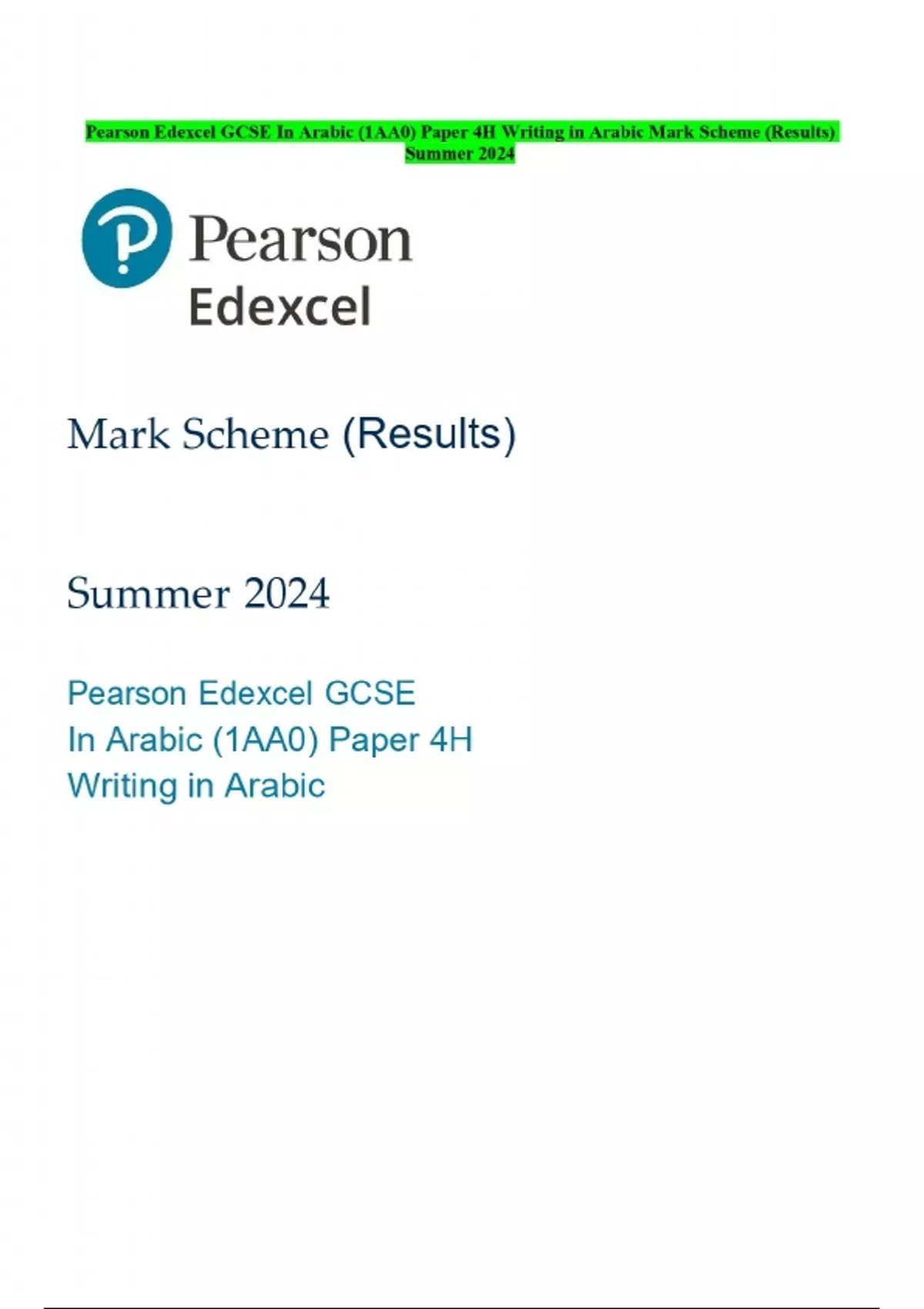 Pearson Edexcel GCSE In Arabic (1AA0) Paper 4H Writing in Arabic Mark ...