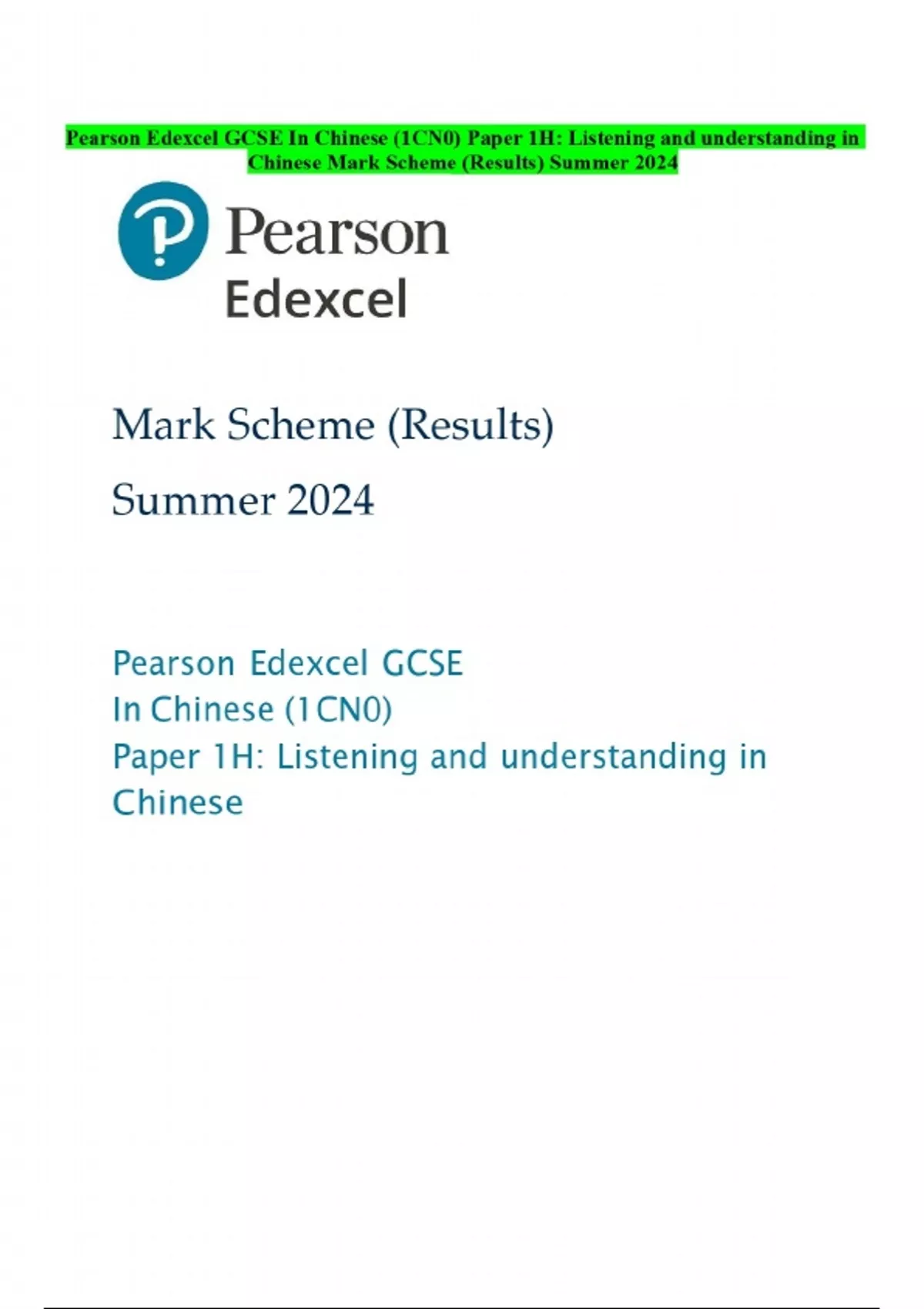 Pearson Edexcel GCSE In Chinese (1CN0) Paper 1H: Listening and ...