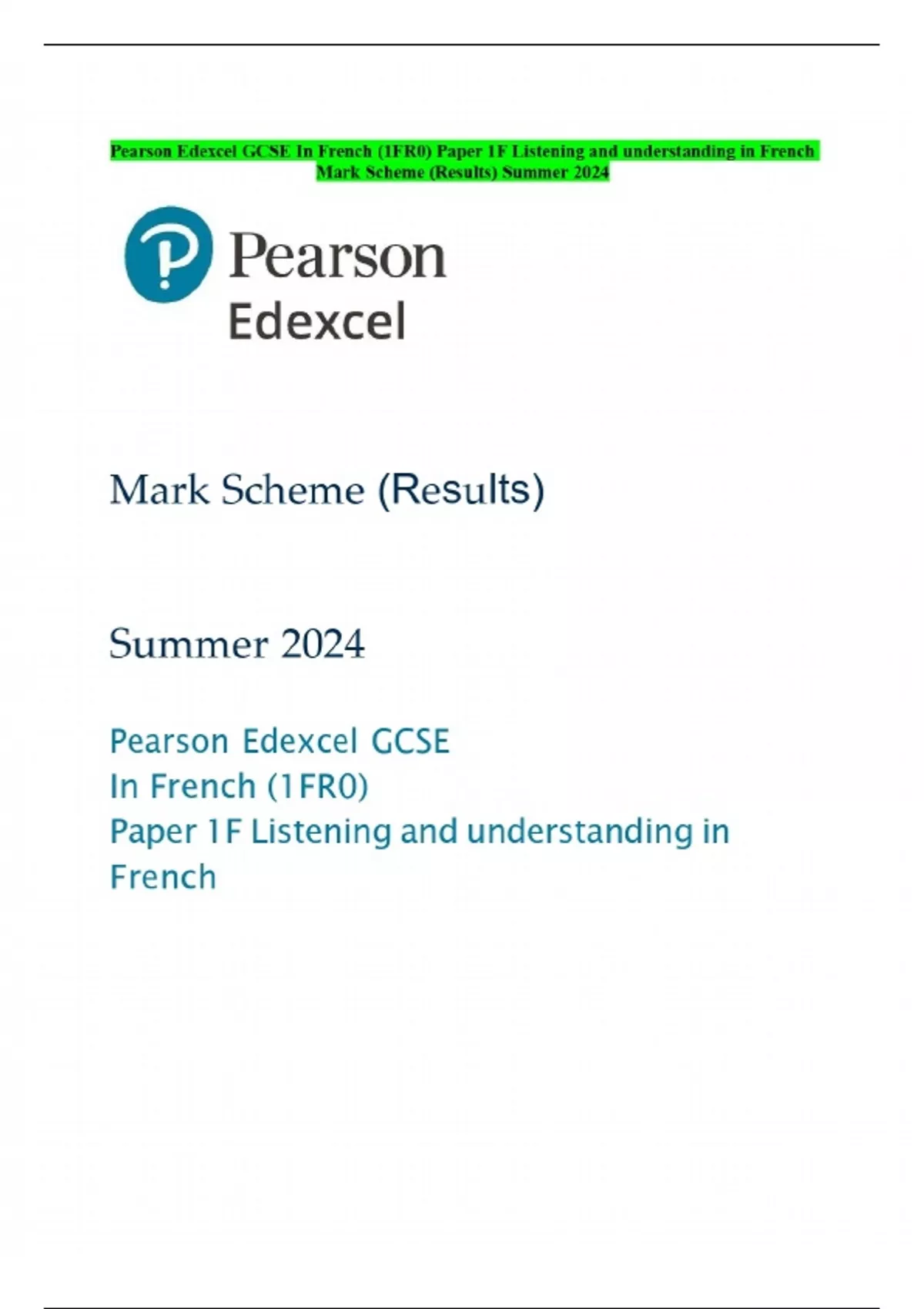 Pearson Edexcel GCSE In French (1FR0) Paper 1F Listening and ...