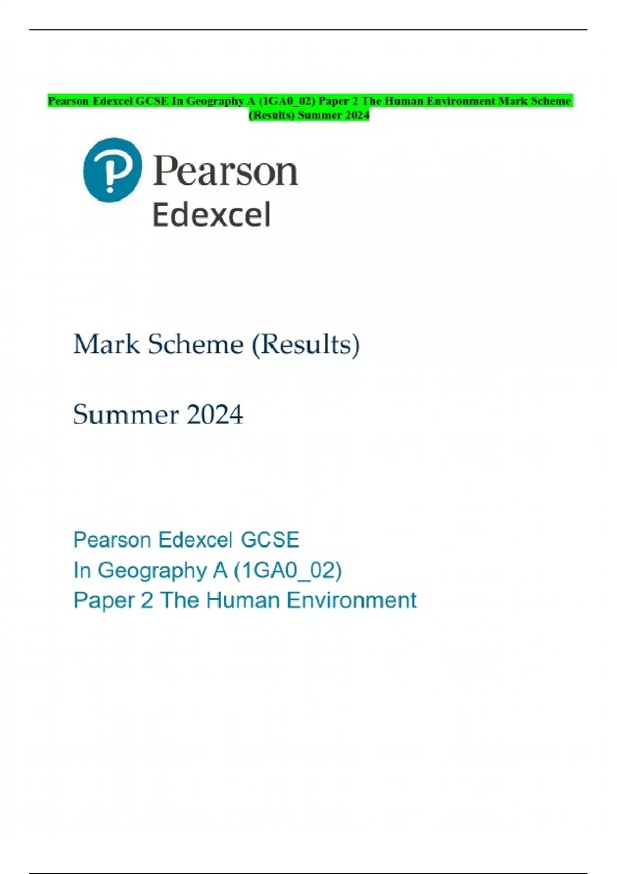 Pearson Edexcel GCSE In Geography A (1GA0_02) Paper 2 The Human ...