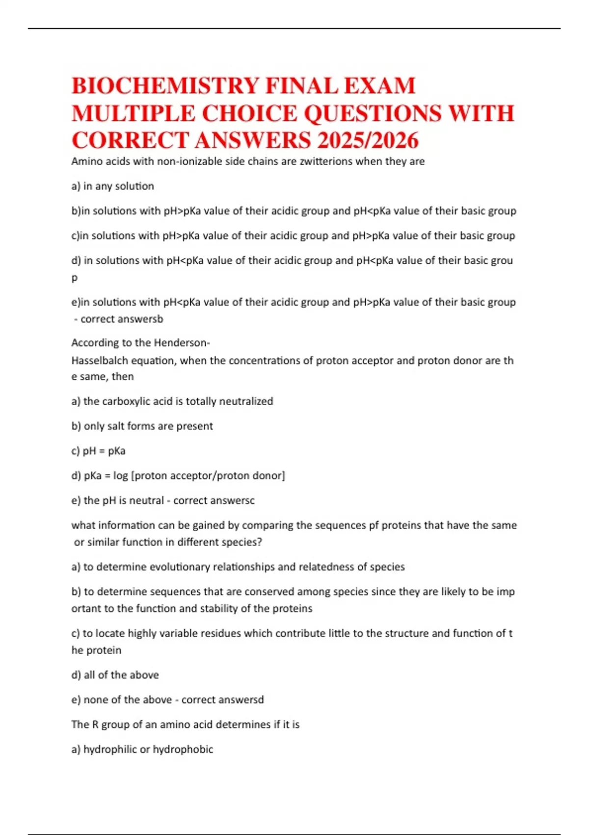 BIOCHEMISTRY FINAL EXAM MULTIPLE CHOICE QUESTIONS WITH CORRECT ANSWERS ...