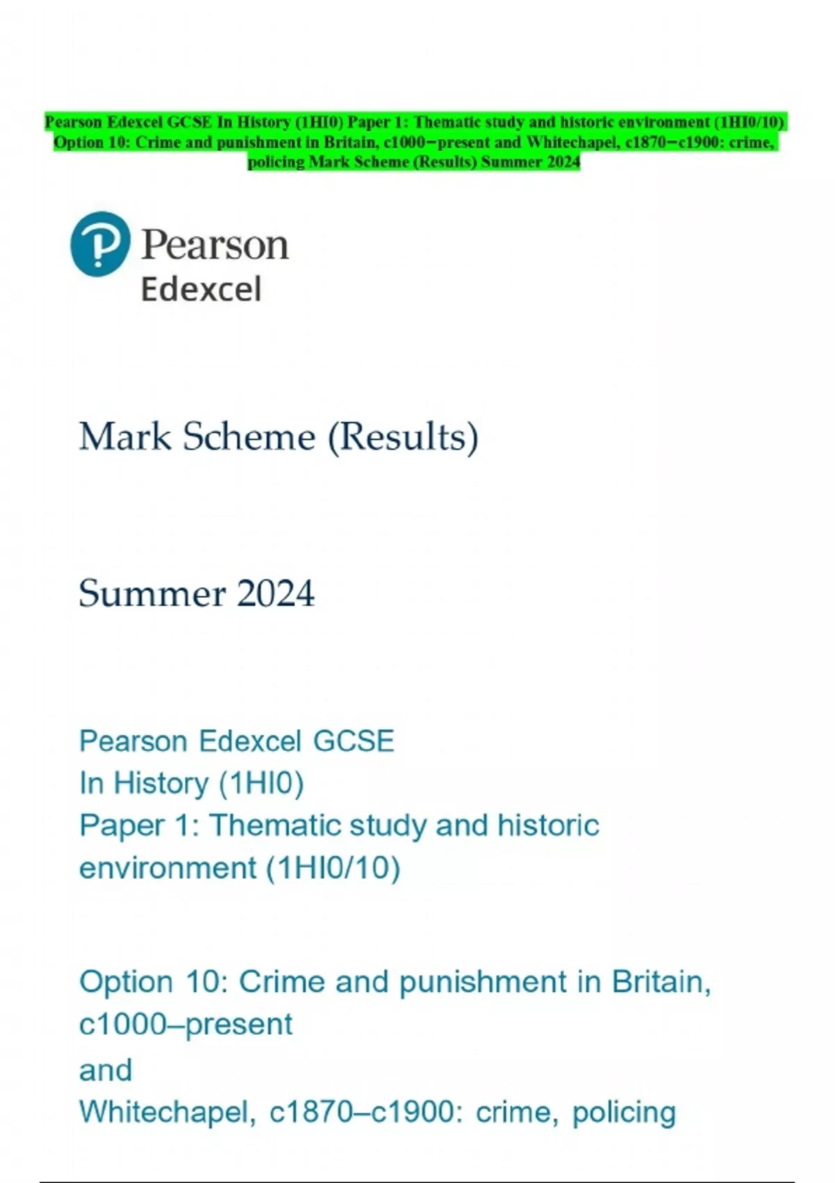 BUNDLE::Pearson Edexcel GCSE In History (1HI0) Mark Scheme (Results ...