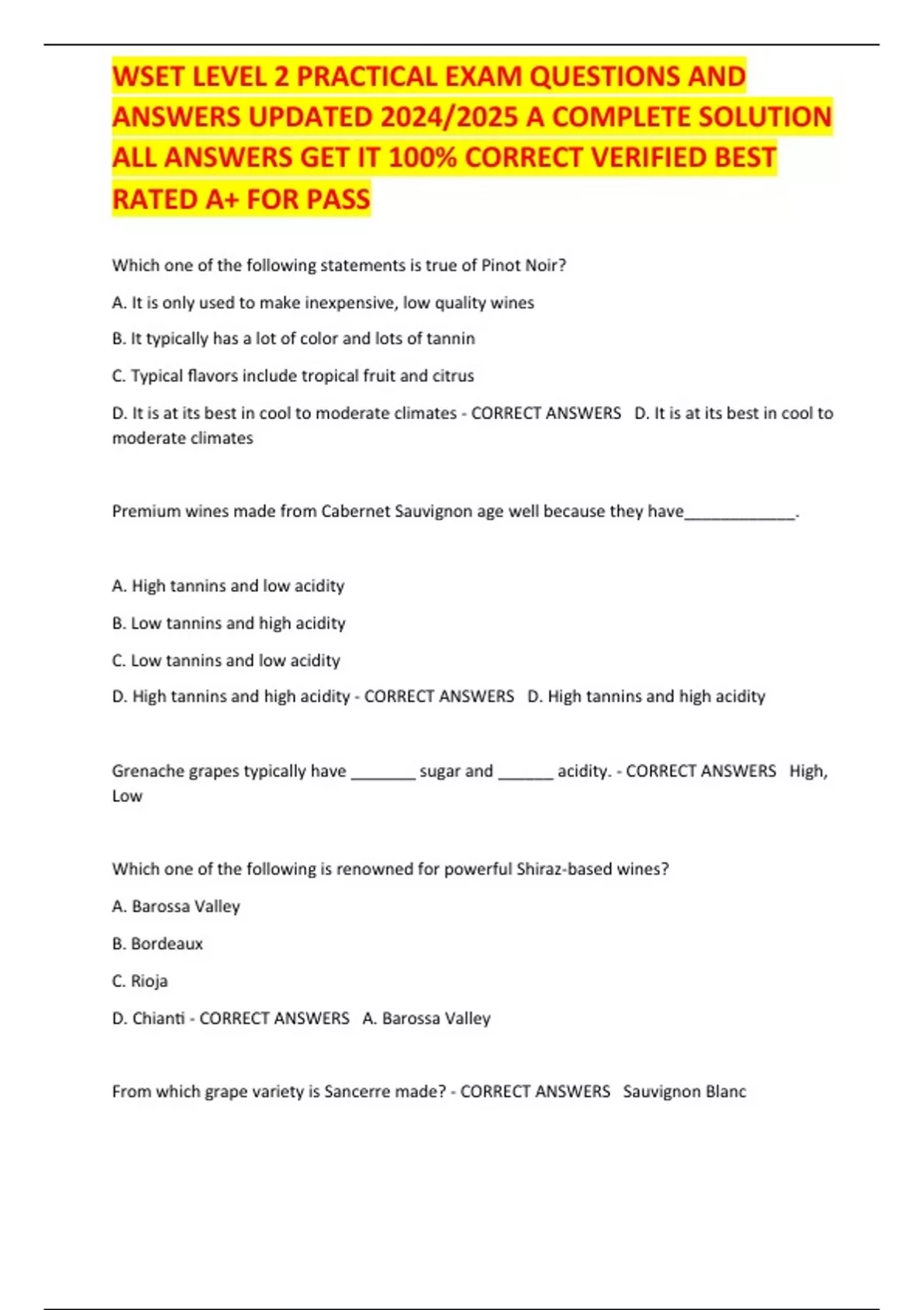 WSET LEVEL 2 PRACTICAL EXAM QUESTIONS AND ANSWERS UPDATED 2024/2025 A ...