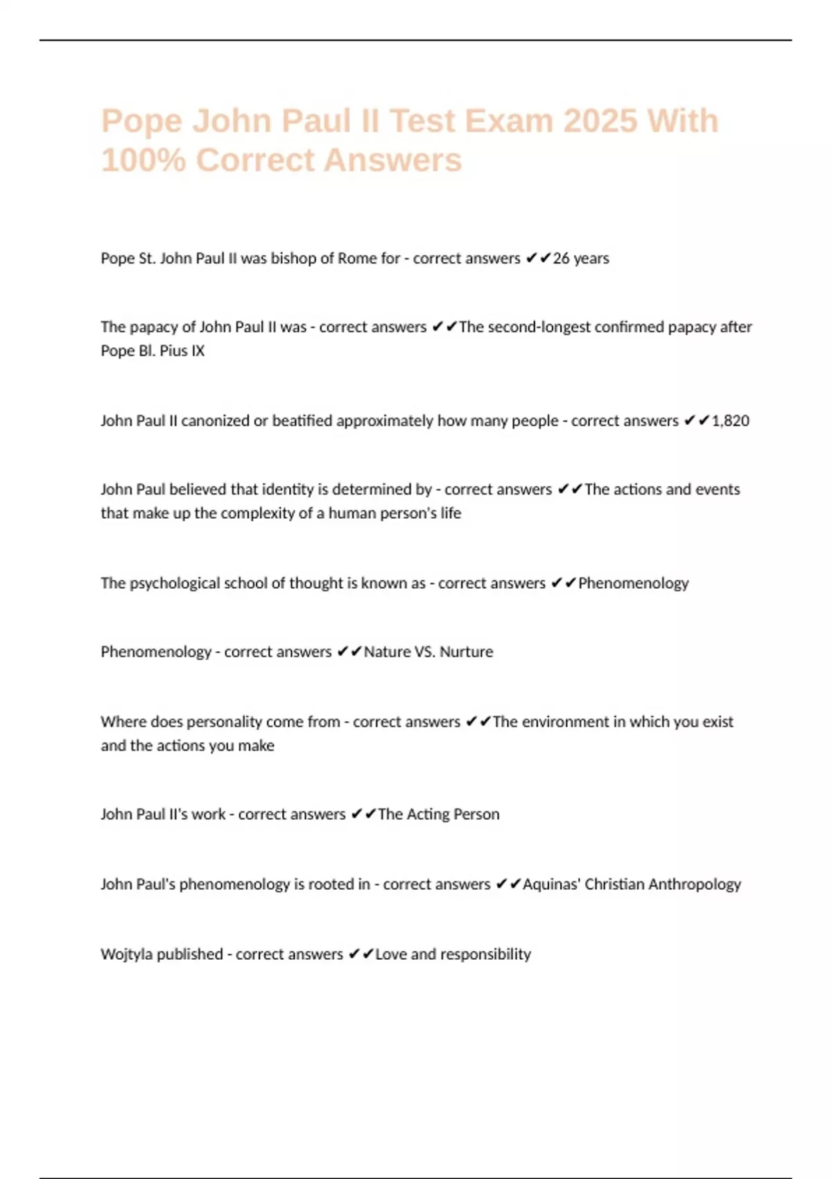Pope John Paul II Test Exam 2025 With 100% Correct Answers - Pope John ...