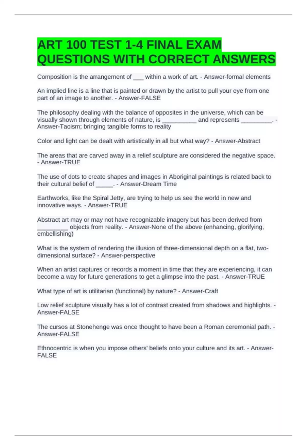 ART 100 TEST 1-4 FINAL EXAM QUESTIONS WITH CORRECT ANSWERS - ART 100 1 ...