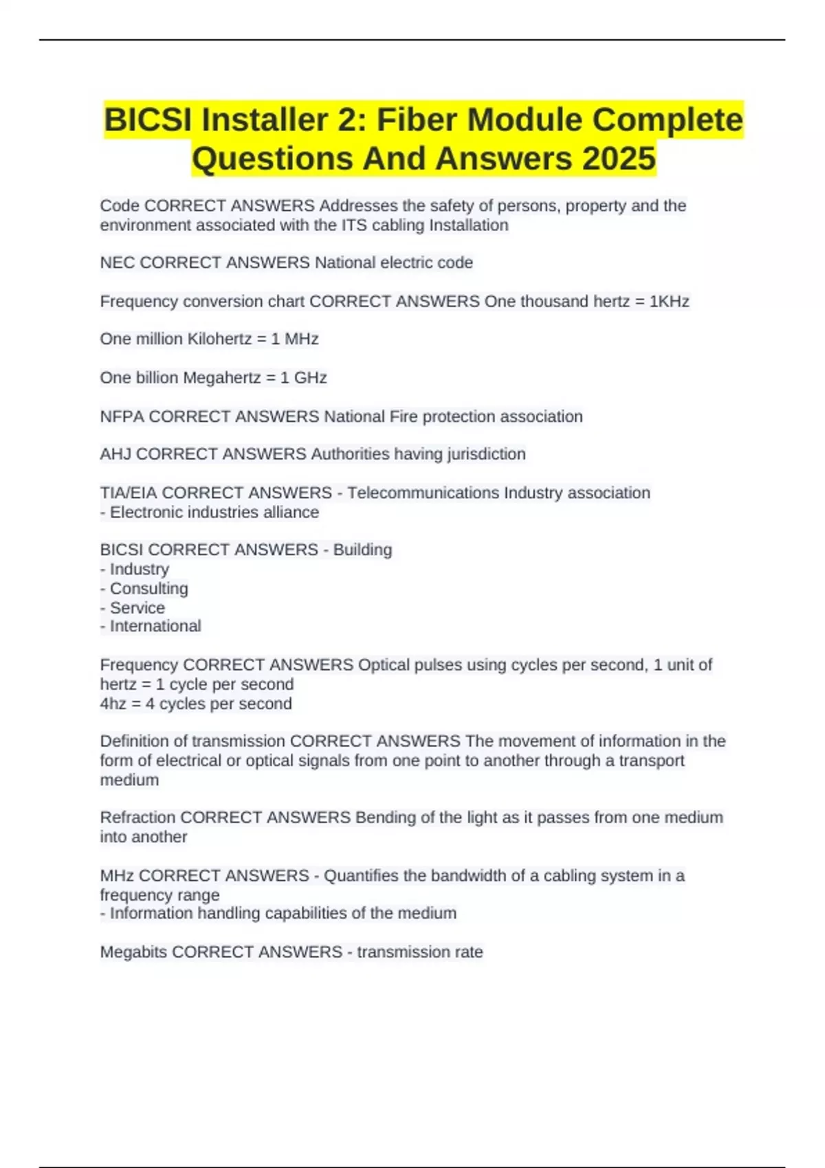 BICSI Installer 2: Fiber Module Complete Questions And Answers 2025 ...