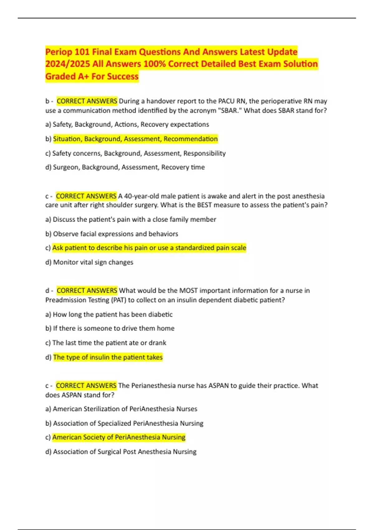 Periop 101 Final Exam Questions And Answers Latest Update 2024/2025 All ...