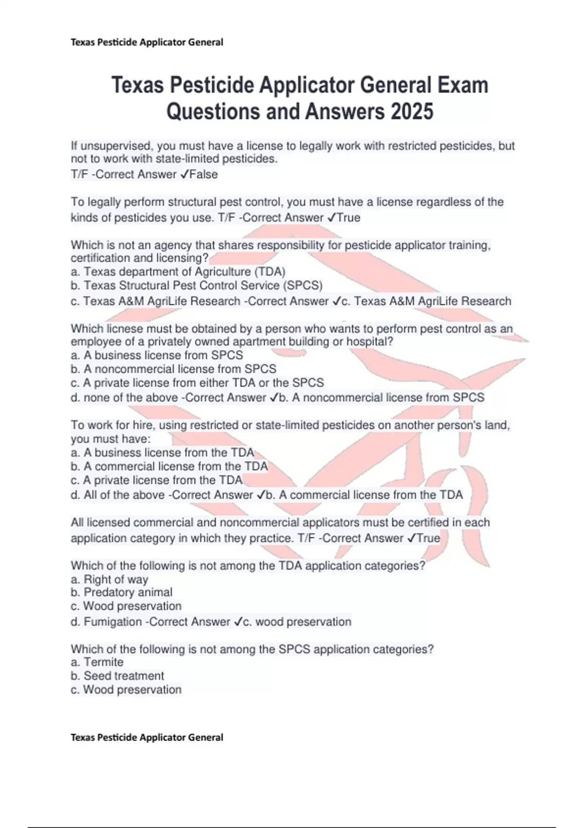 Texas Pesticide Applicator General Exam Questions and Answers 2025 ...