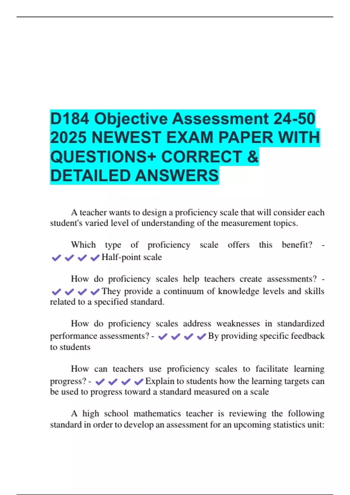 D184 Objective Assessment NEWEST EXAM PAPER WITH QUESTIONS+ CORRECT ...