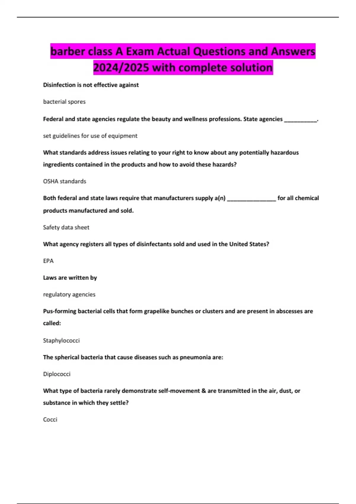 barber class A Exam Actual Questions and Answers 2024/2025 with ...