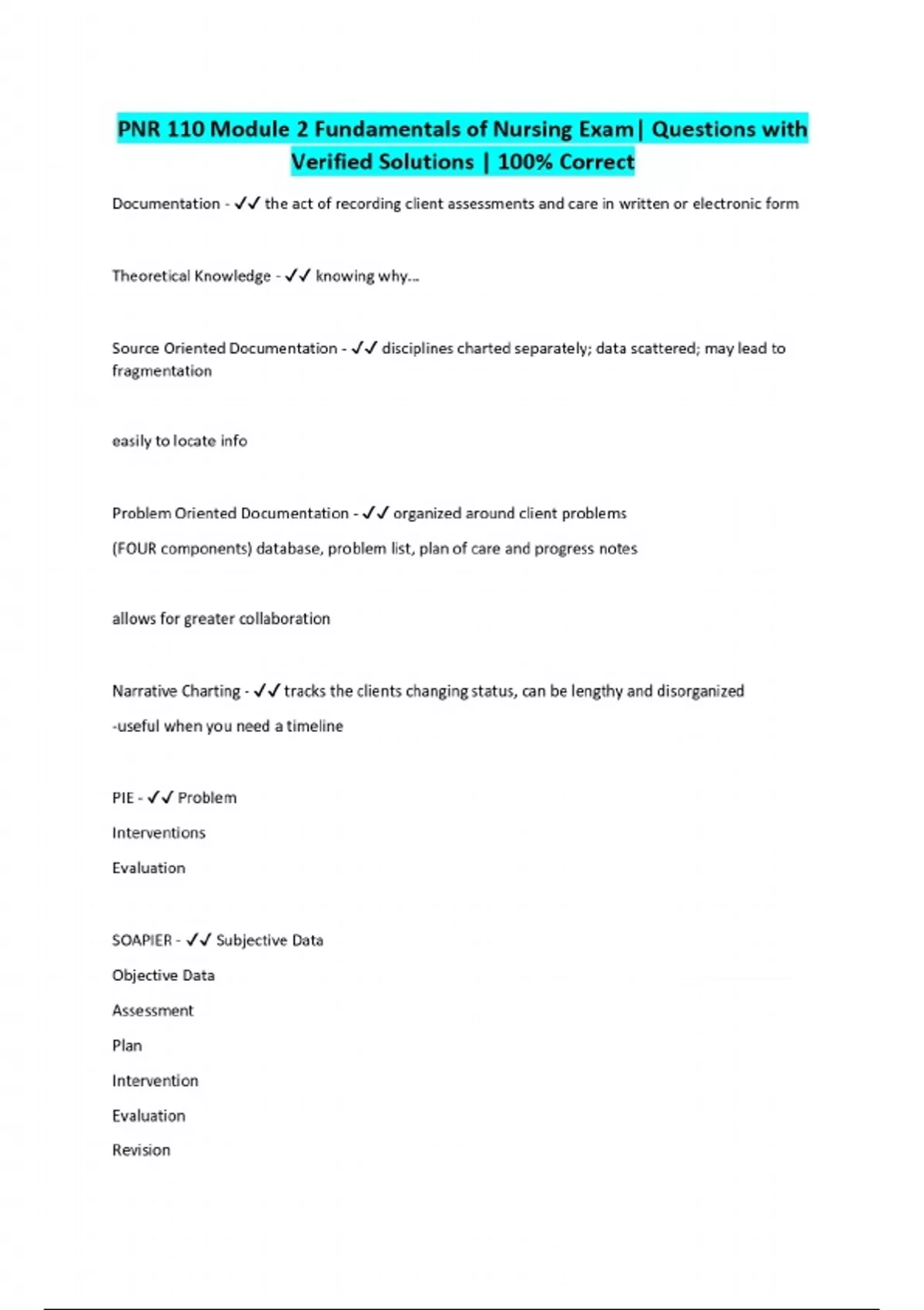 PNR 110 Module 2 Fundamentals of Nursing Exam| Questions with Verified ...