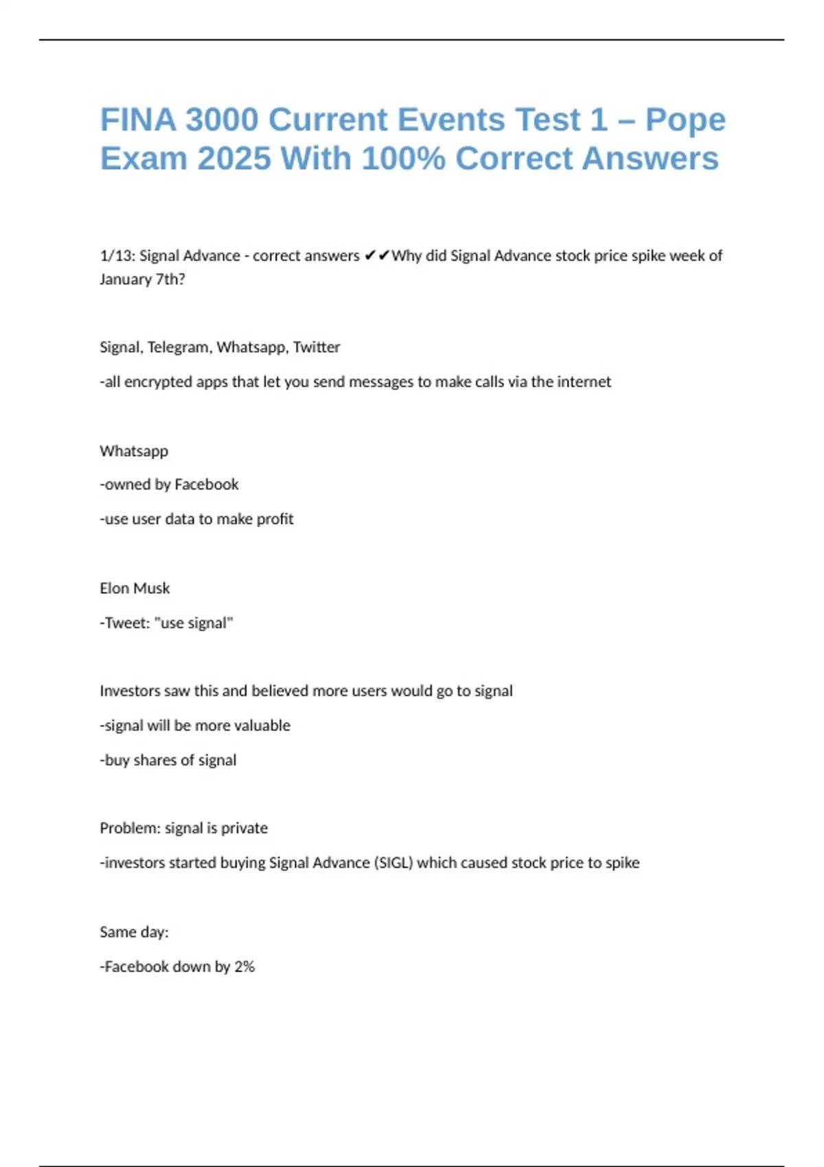 FINA 3000 Current Events Test 1 – Pope Exam 2025 With 100% Correct ...