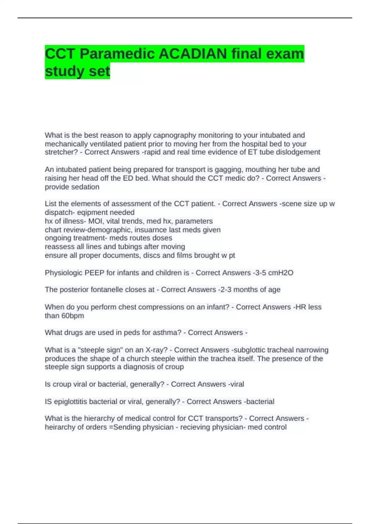 CCT Paramedic ACADIAN final exam study set with complete solutions ...