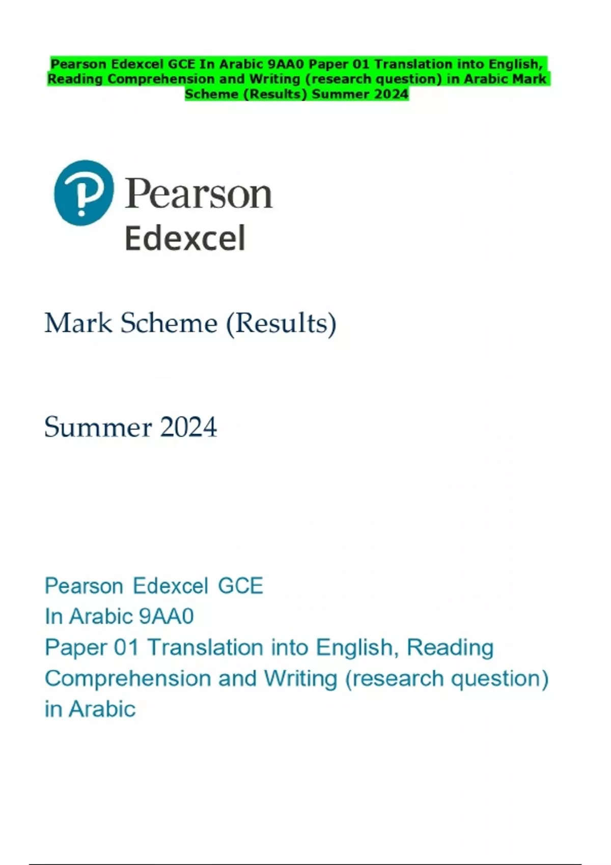 Pearson Edexcel GCE In Arabic 9AA0 Paper 01 Translation into English, Reading Comprehension and ...